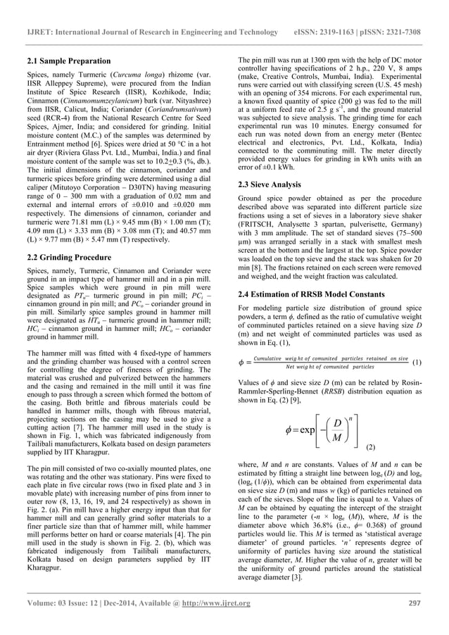 Modeling of size reduction, particle size analysis and flow characterisation of spice powders ...