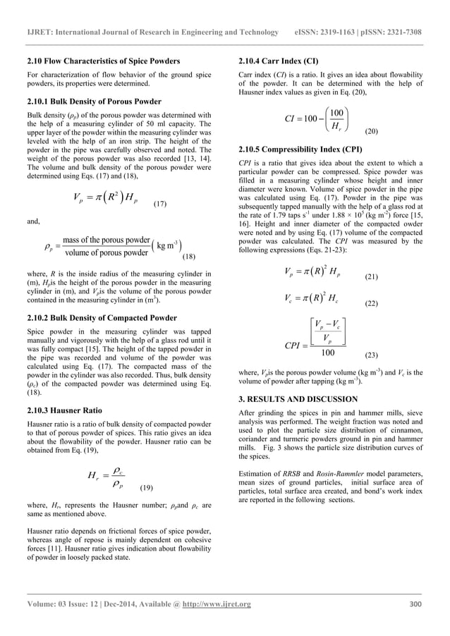 Modeling of size reduction, particle size analysis and flow characterisation of spice powders ...