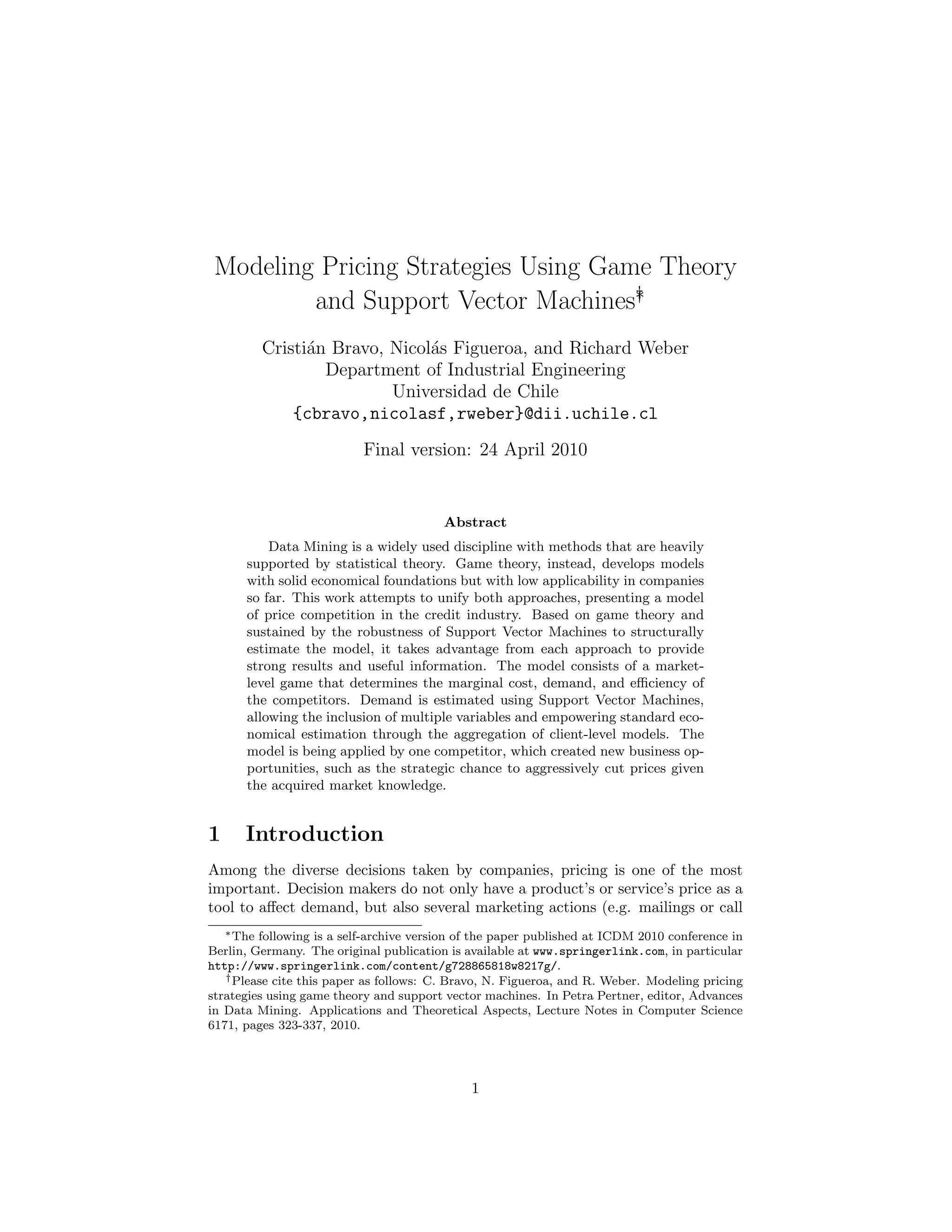 Modeling Pricing Strategies Using Game Theory And Support Vector Machines Pdf
