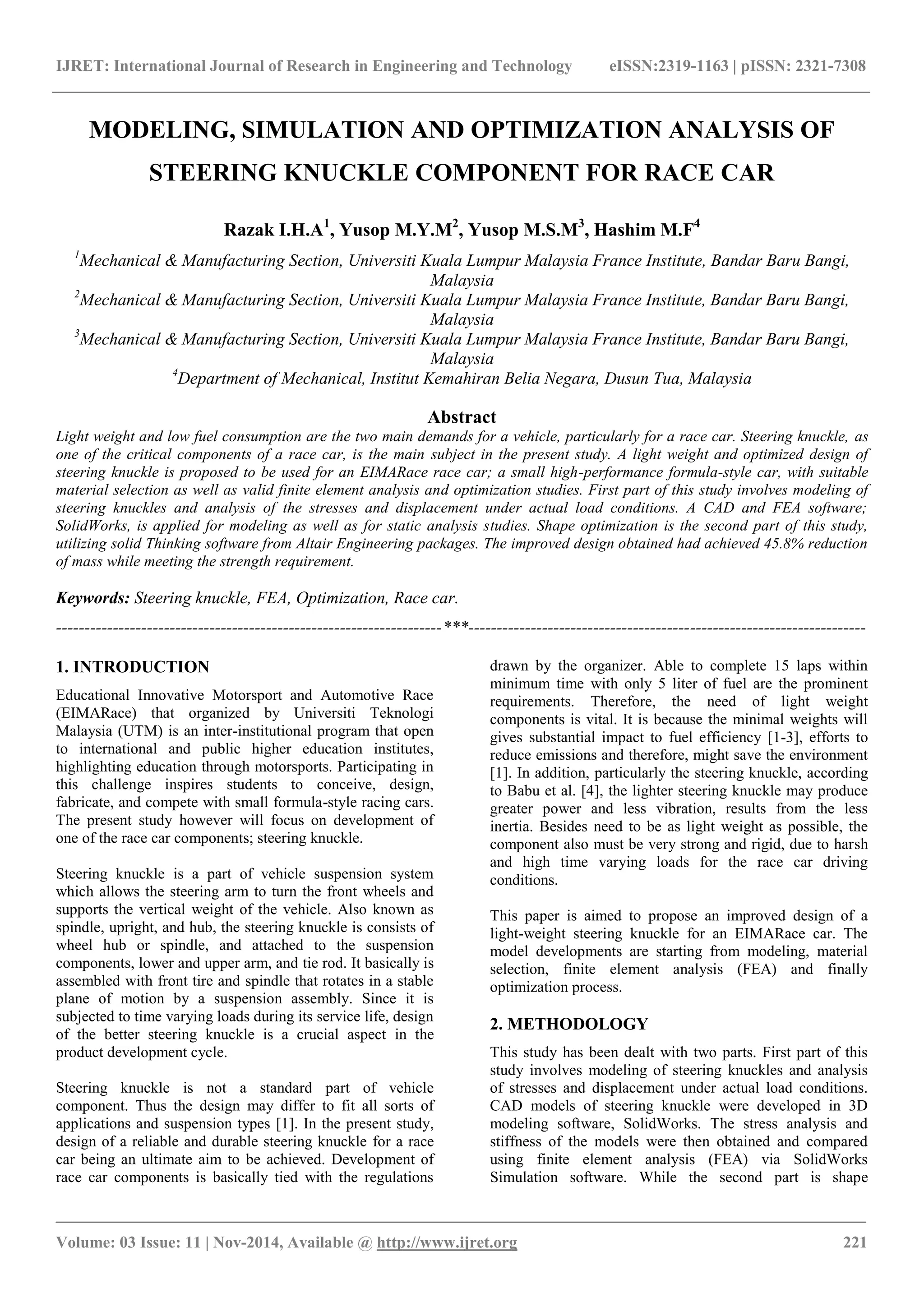 Modeling, simulation and optimization analysis of steering knuckle ...