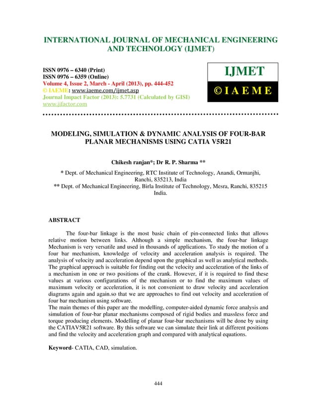 Modeling, simulation & dynamic analysis of four bar planar | PDF