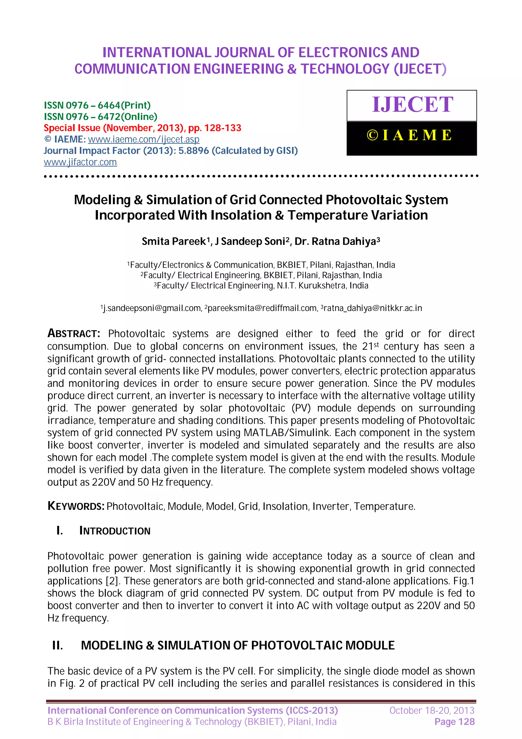 Modeling & simulation of grid connected photovoltaic system | PDF