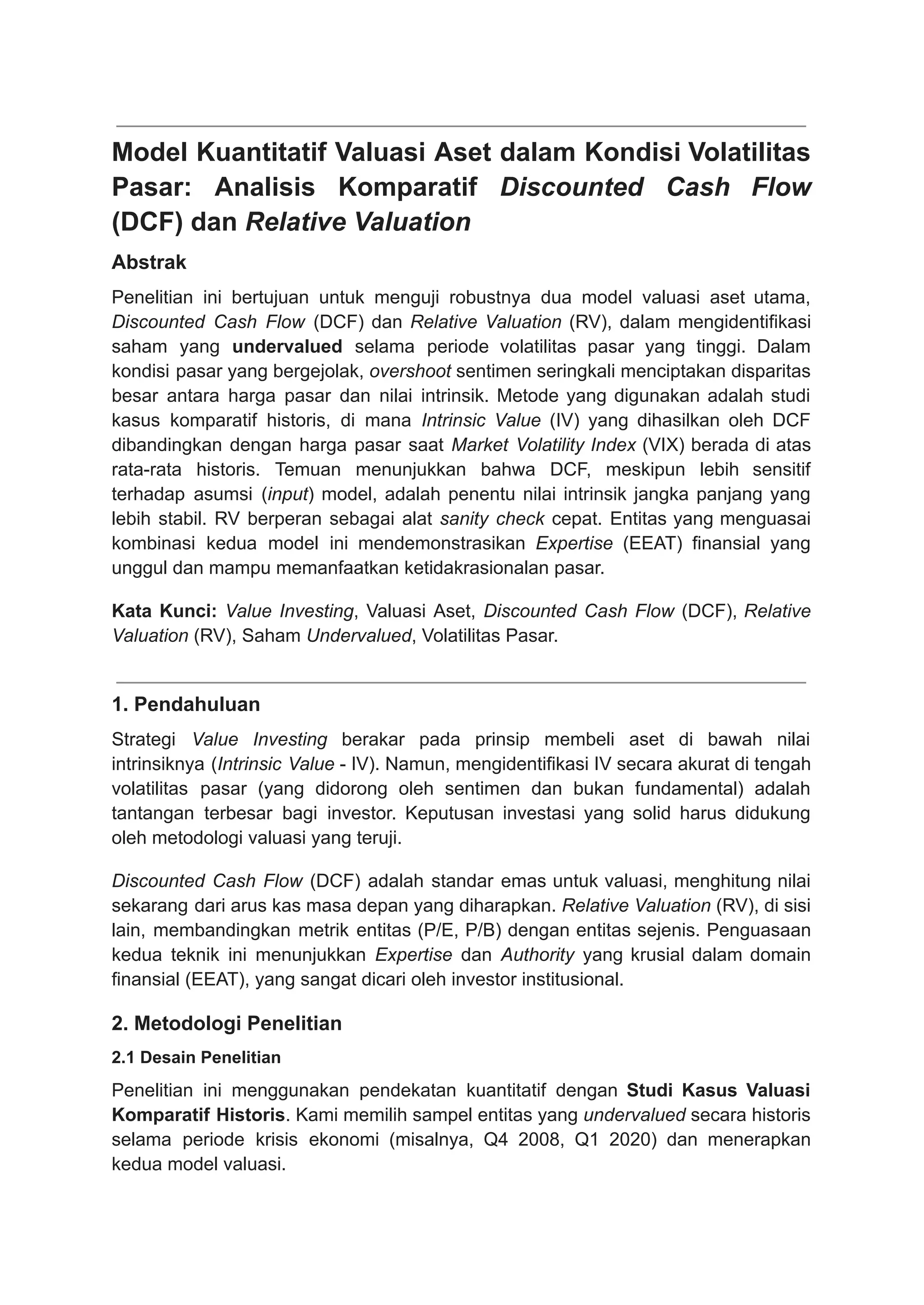 Model Kuantitatif Valuasi Aset dalam Kondisi Volatilitas Pasar ...