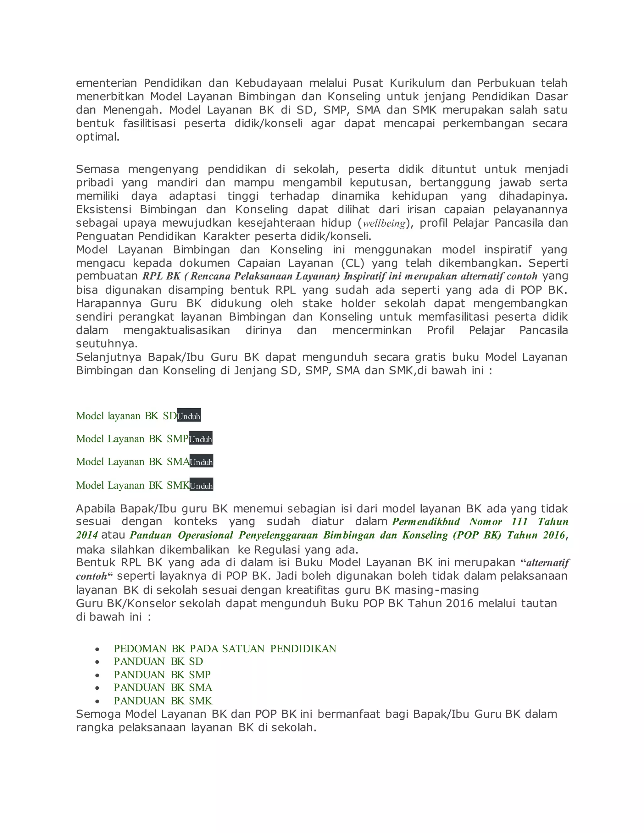 Model layanan bimbingan dan konseling untuk jenjang pendidikan dasar dan menengah | DOCX