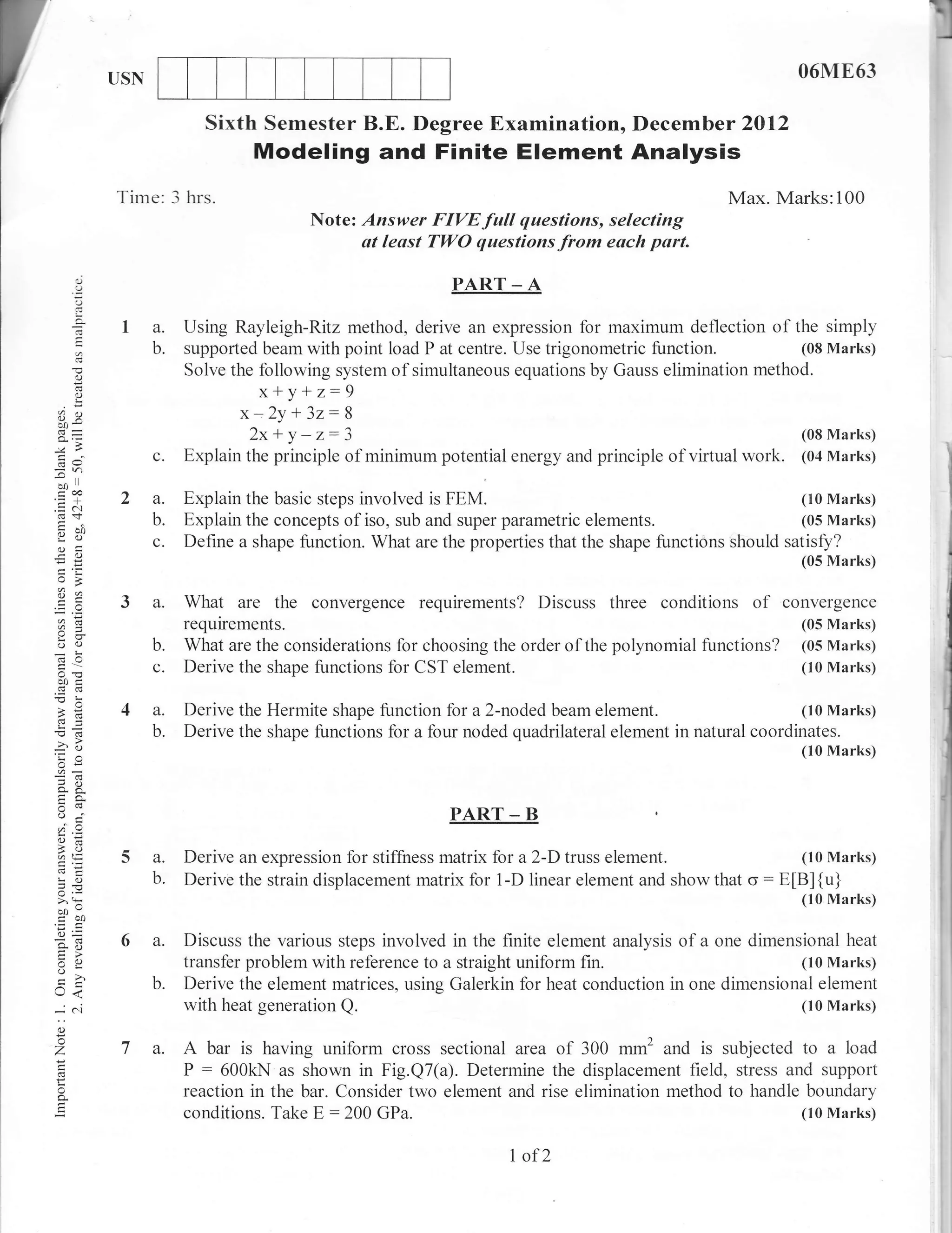 Modelling and finite element analysis: Question Papers | PDF | Physics | Science