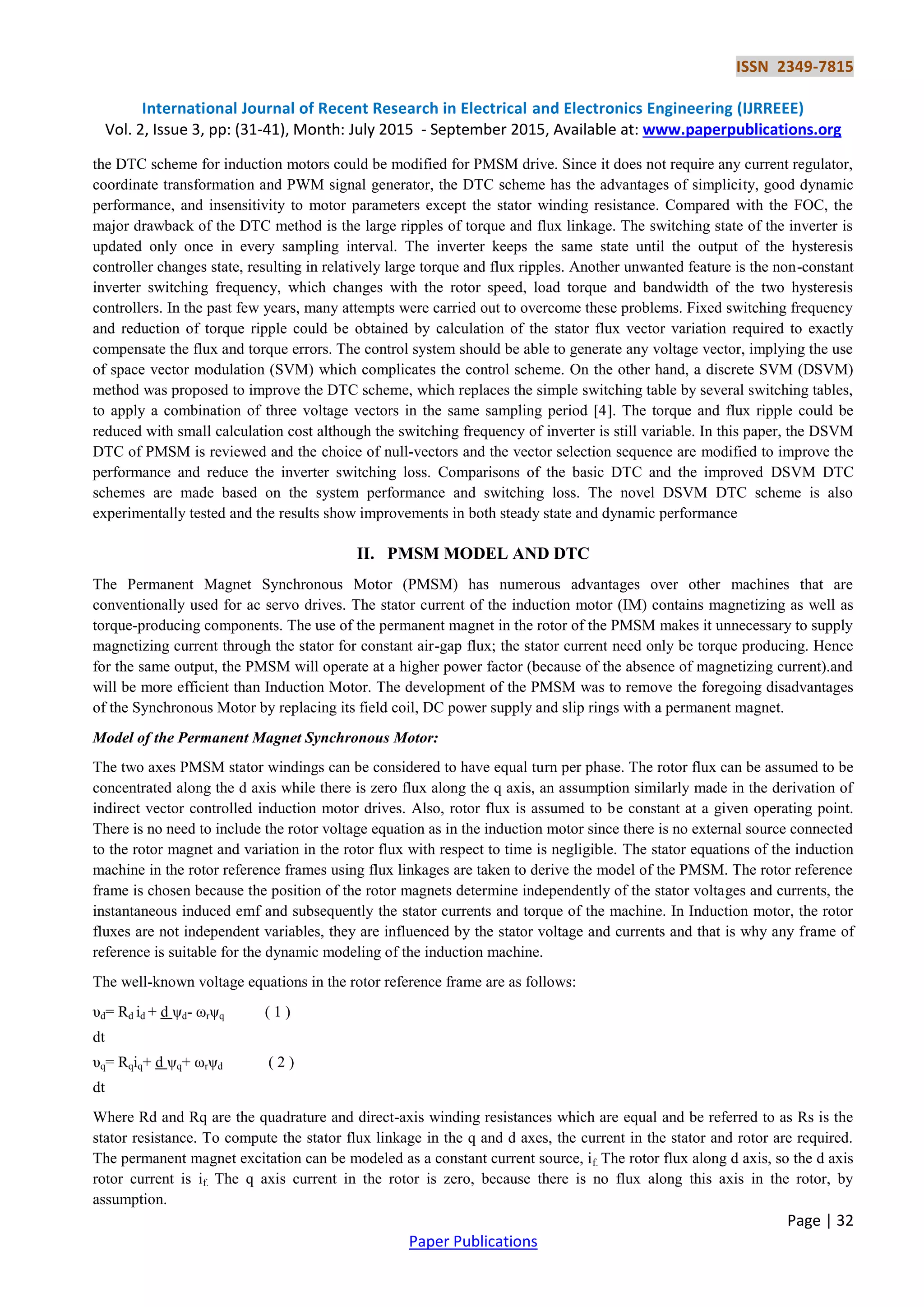 MODELLING AND IMPLEMENTATION OF AN IMPROVED DSVM SCHEME FOR PMSM DTC | PDF