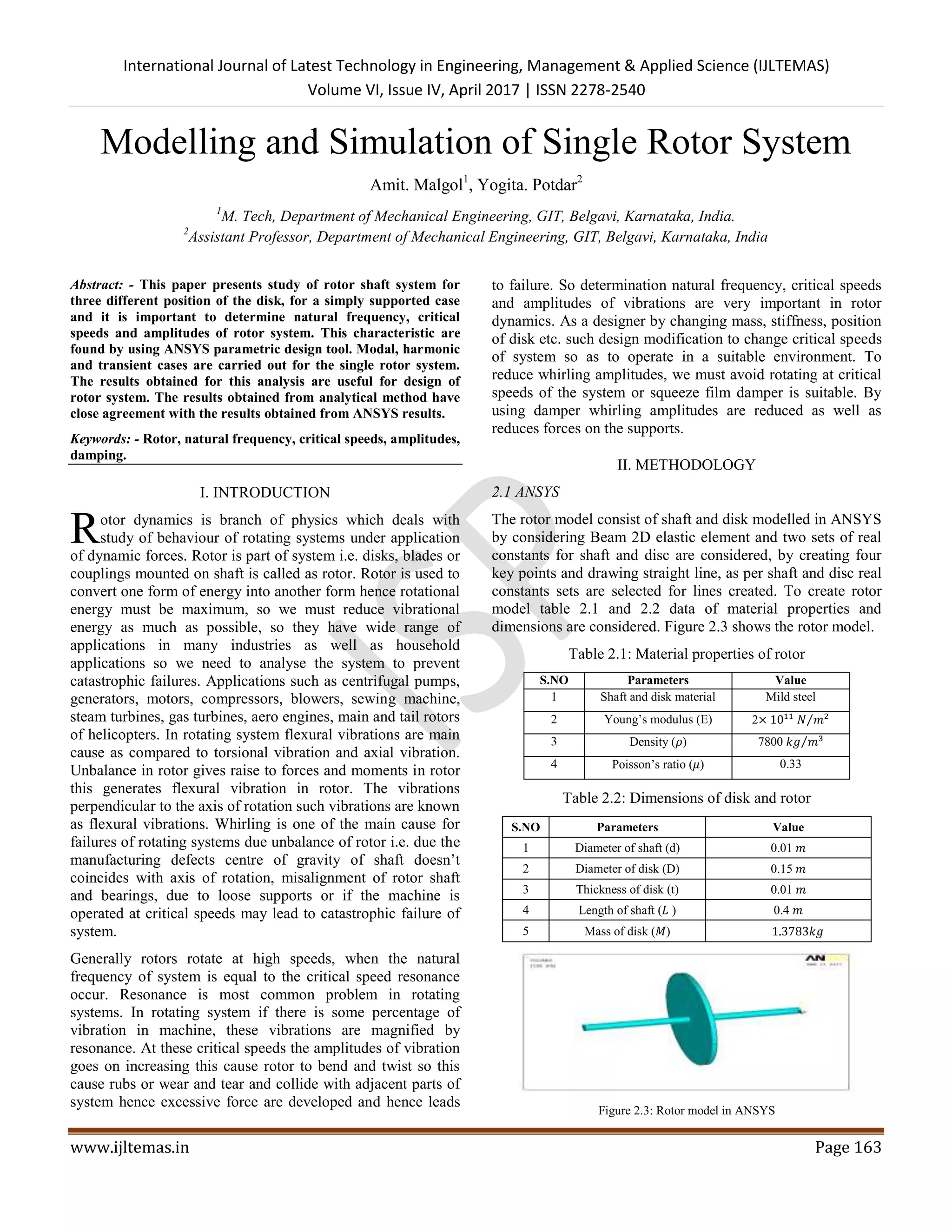 Modelling And Simulation Of Single Rotor System Pdf