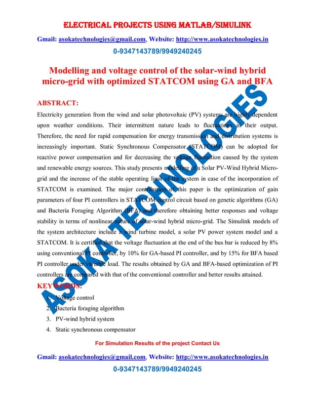 Modelling and voltage control of the solar wind hybrid micro-grid with optimized statcom using ...