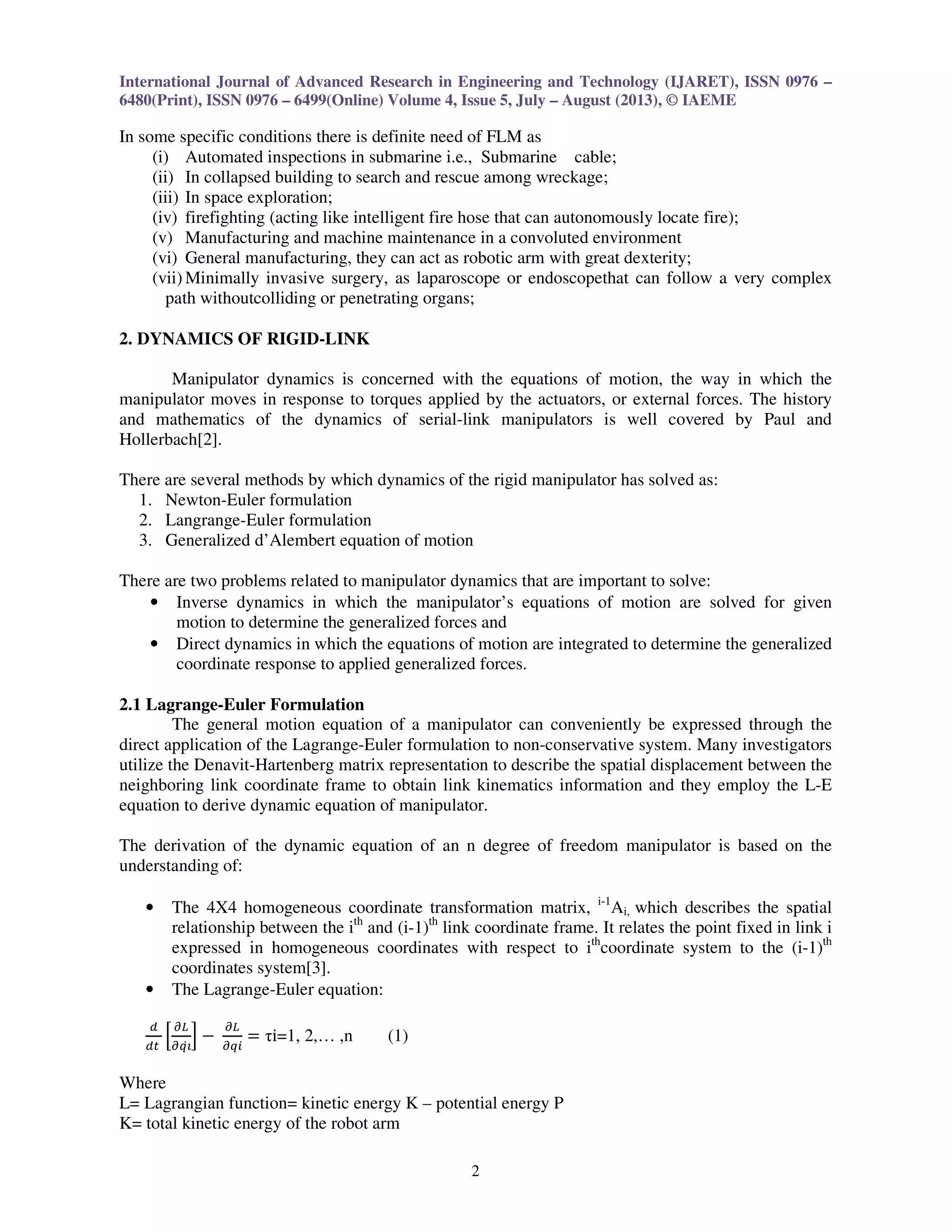 Modelling of flexible link manipulator dynamics using rigid link theory with | PDF
