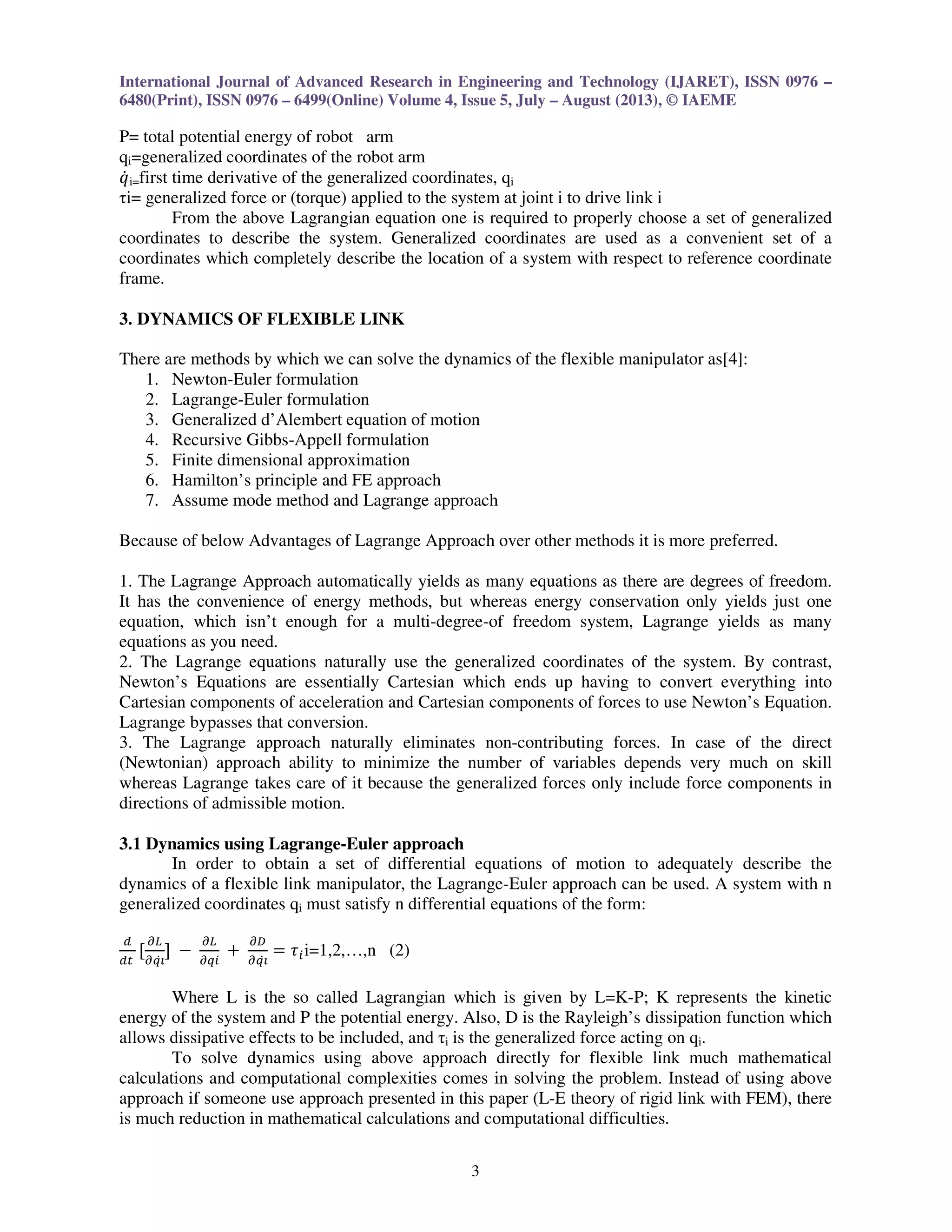 Modelling of flexible link manipulator dynamics using rigid link theory ...