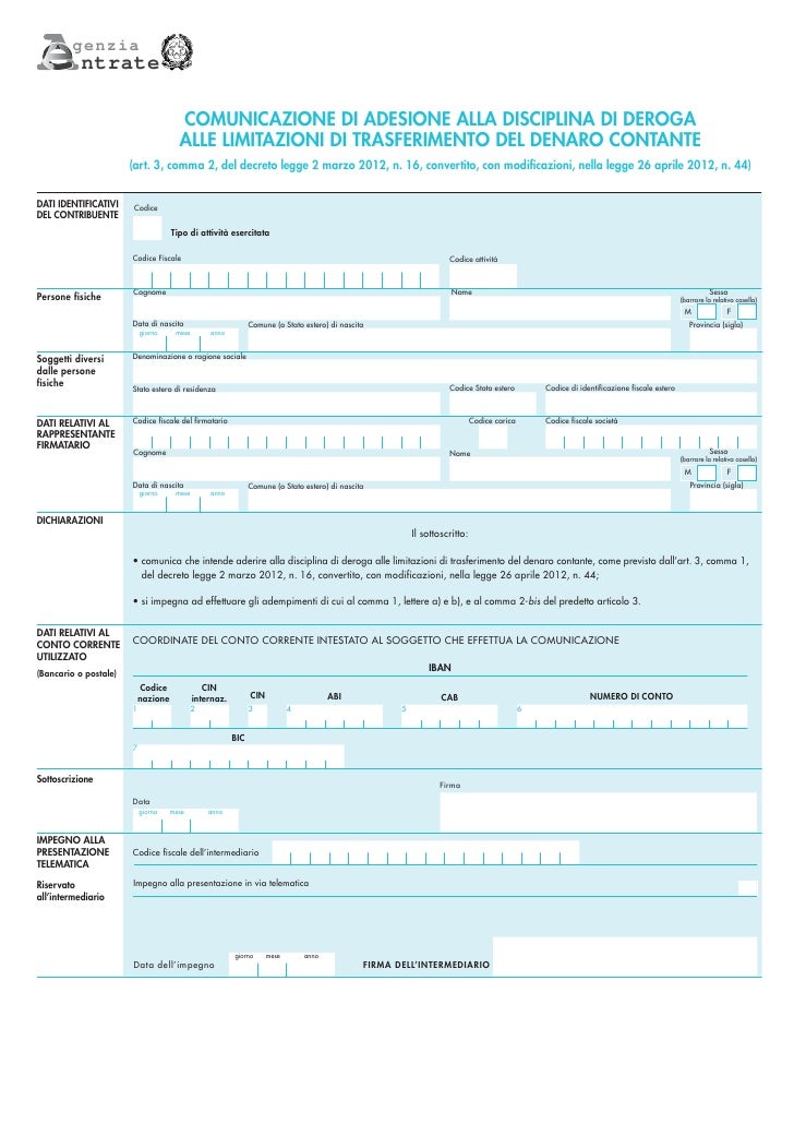 Modello deroga contante aggiornato
