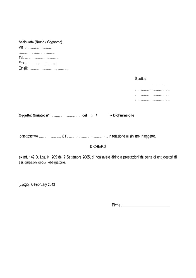 Modello dichiarazione art 142 cod assicurazioni private | DOC