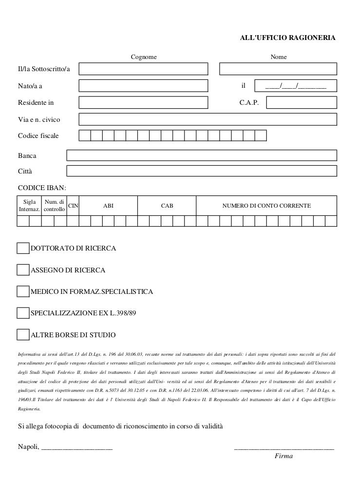 Modello iban + fotocopia ci + firma, fax ufficio ragioneria 0812537235