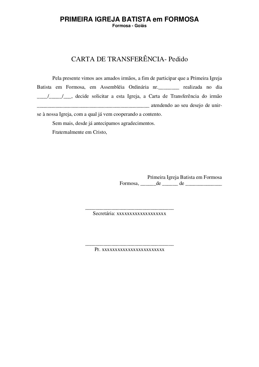 Modelo carta de transferência