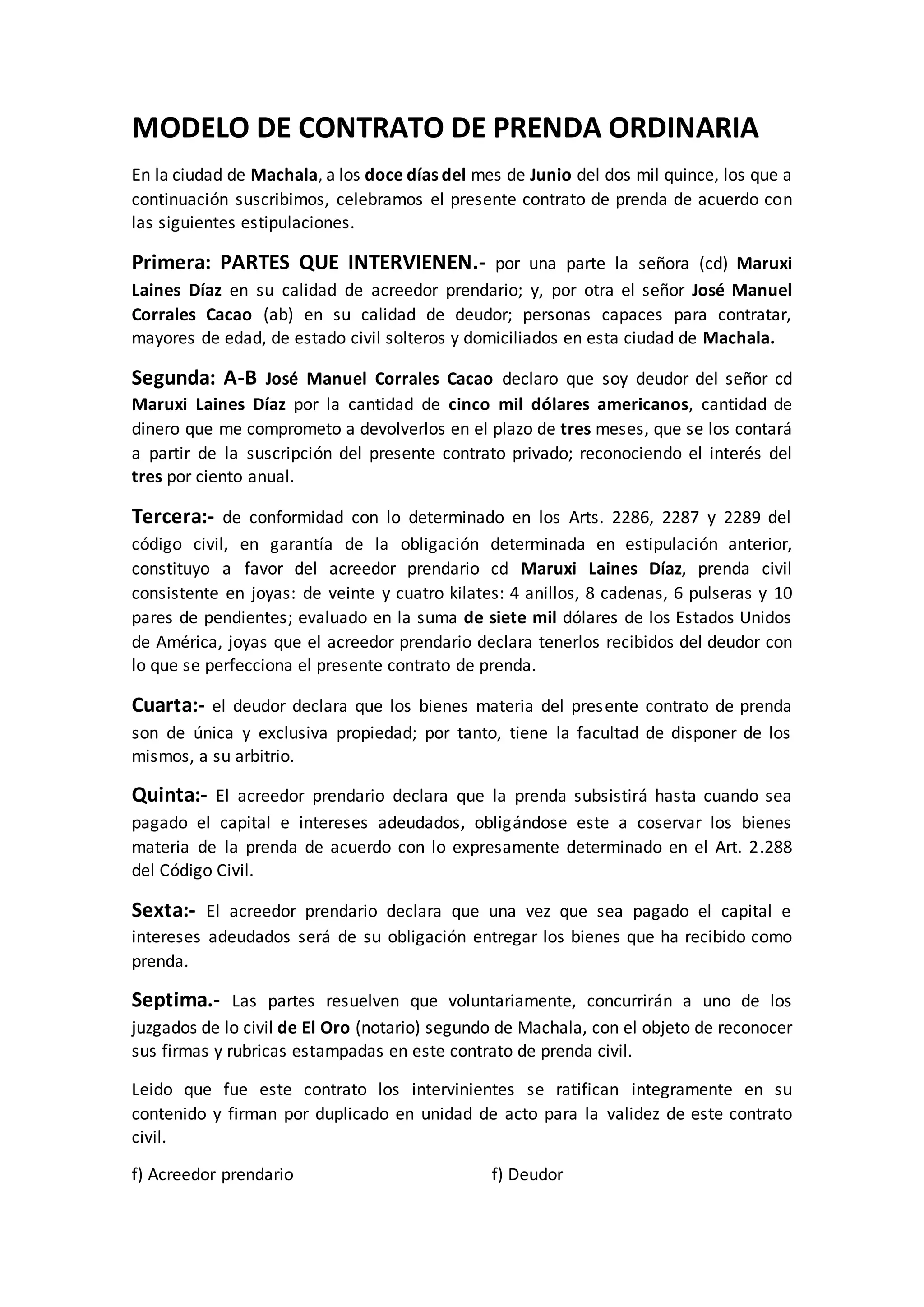 Modelo de contrato de prenda ordinaria | DOCX