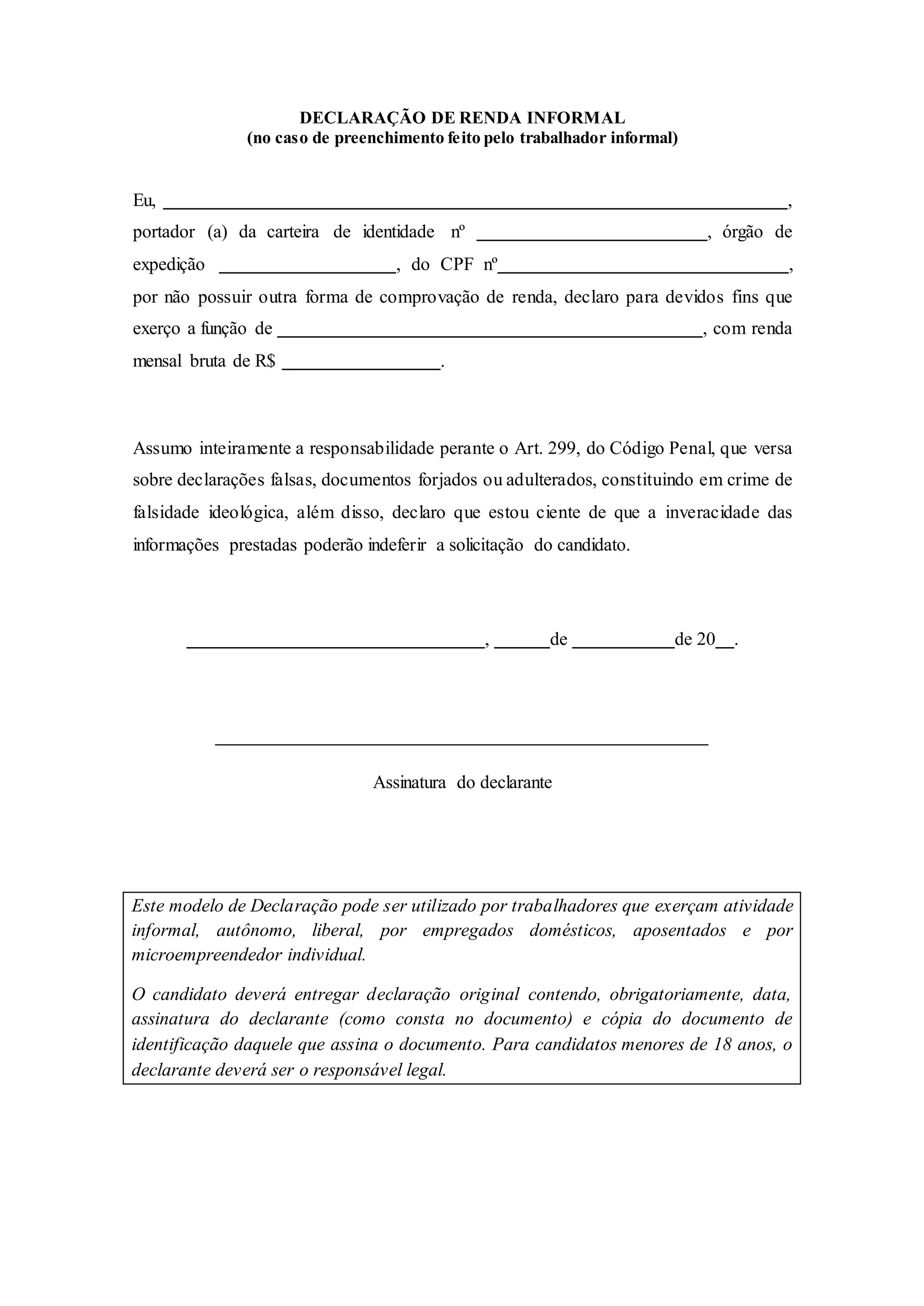 Declaração De Renda Informal Word - RETOEDU