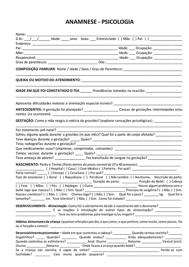 Modelo anamnese psicologia autista tea | PDF