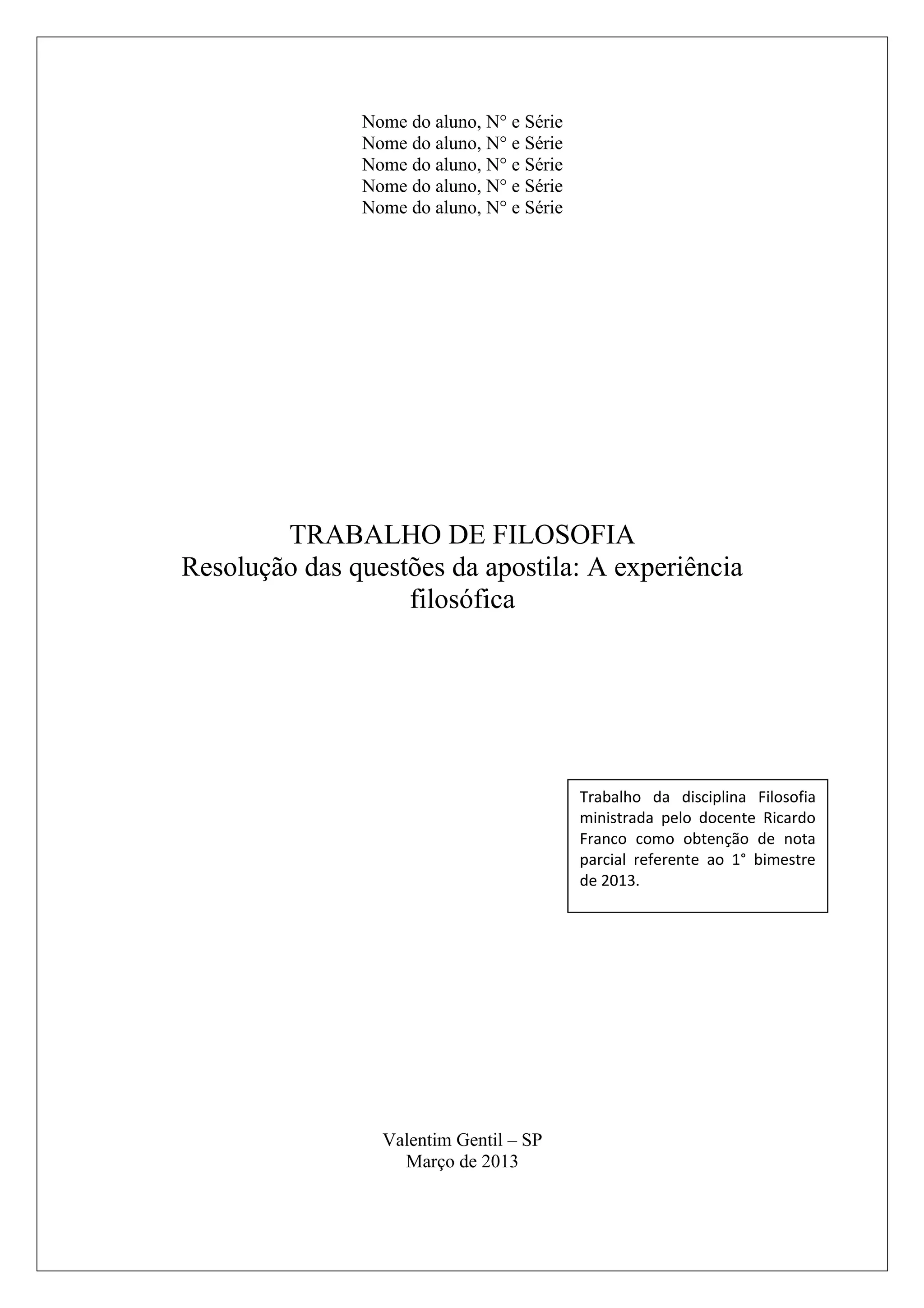 Modelo capa trabalhos escolares | DOC