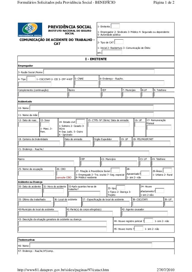 Modelo CAT (Comunicado acidente trabalho)