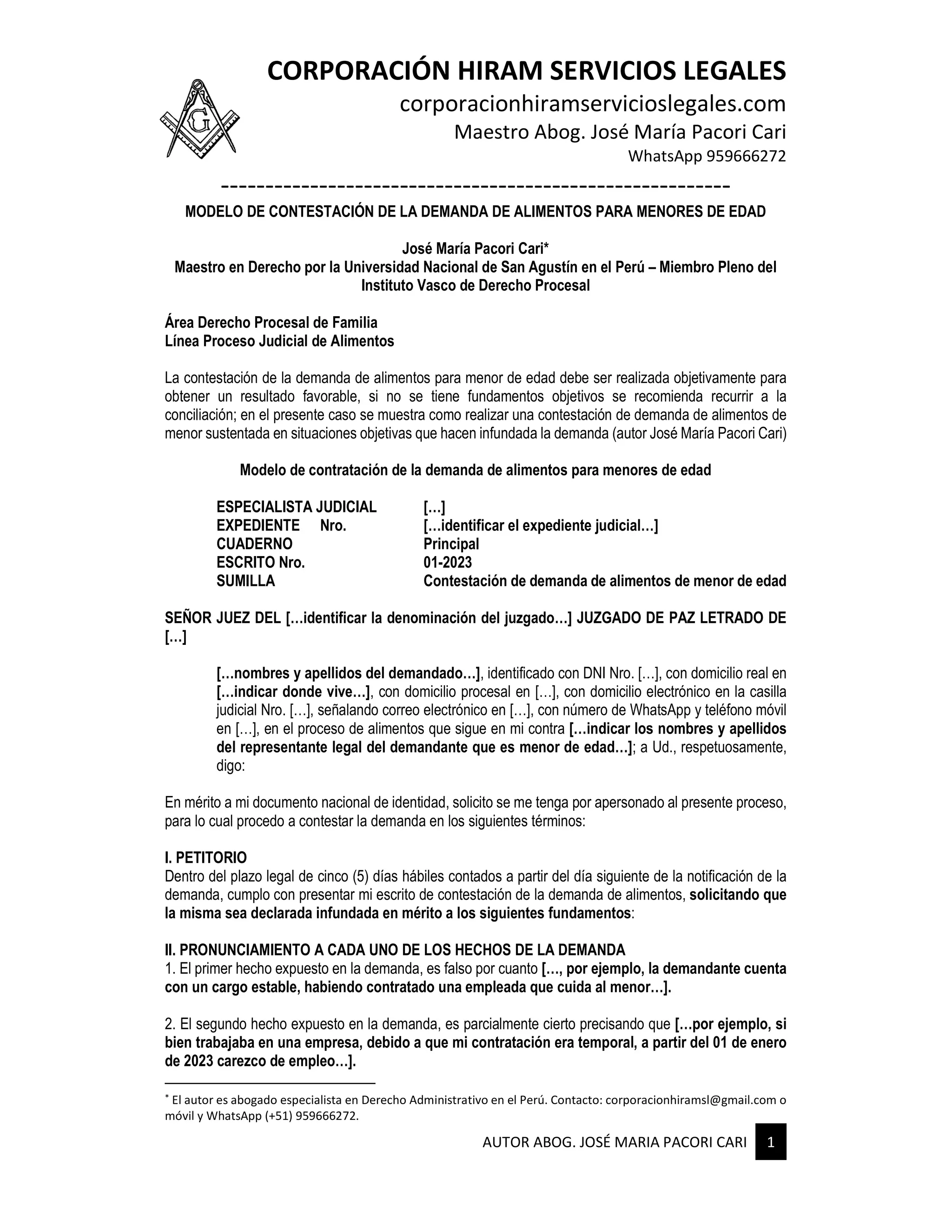 MODELO CONTESTACIÓN DEMANDA DE ALIMENTOS MENOR DE EDAD - AUTOR JOSÉ ...
