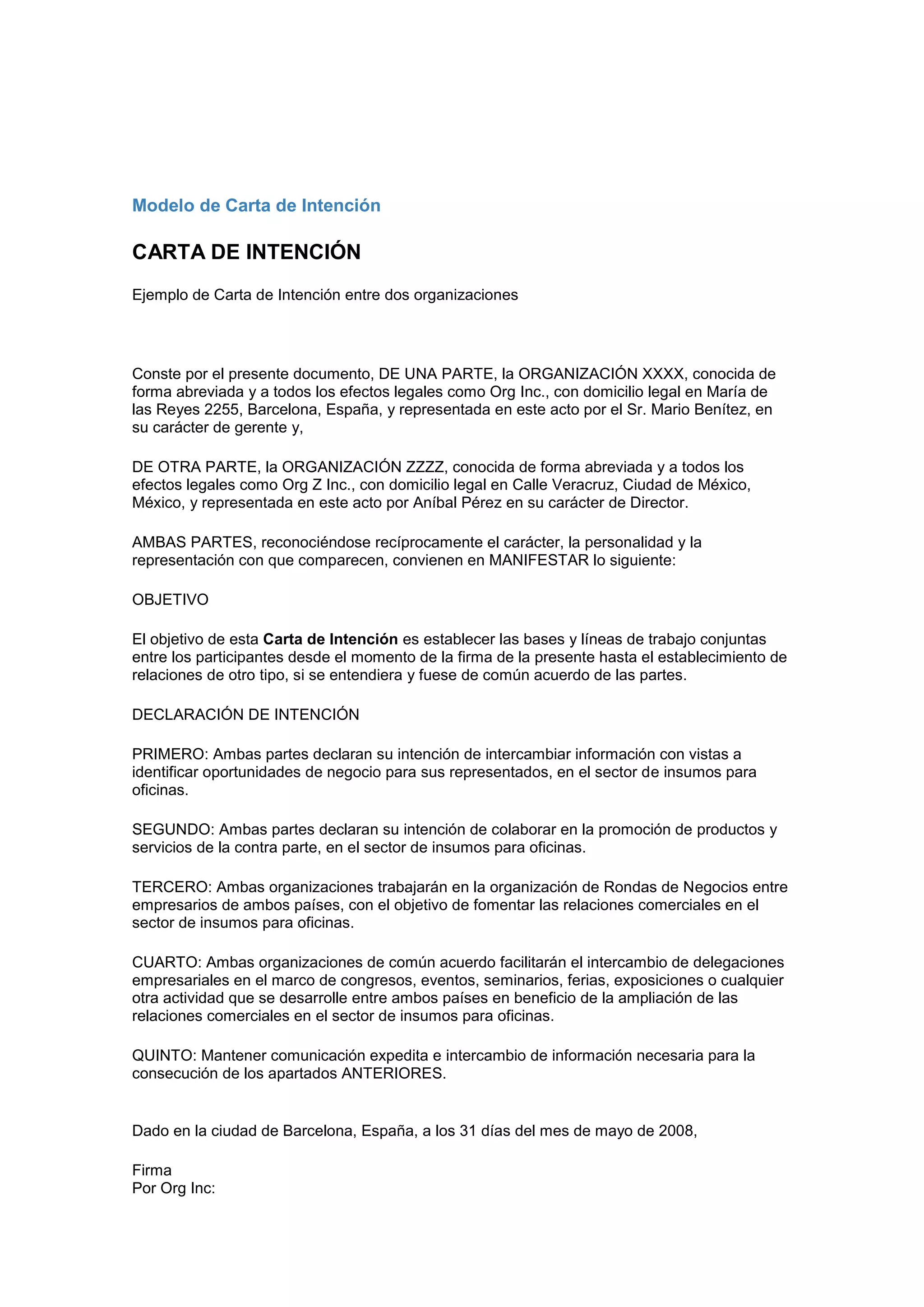 Modelo de carta de intención | DOCX