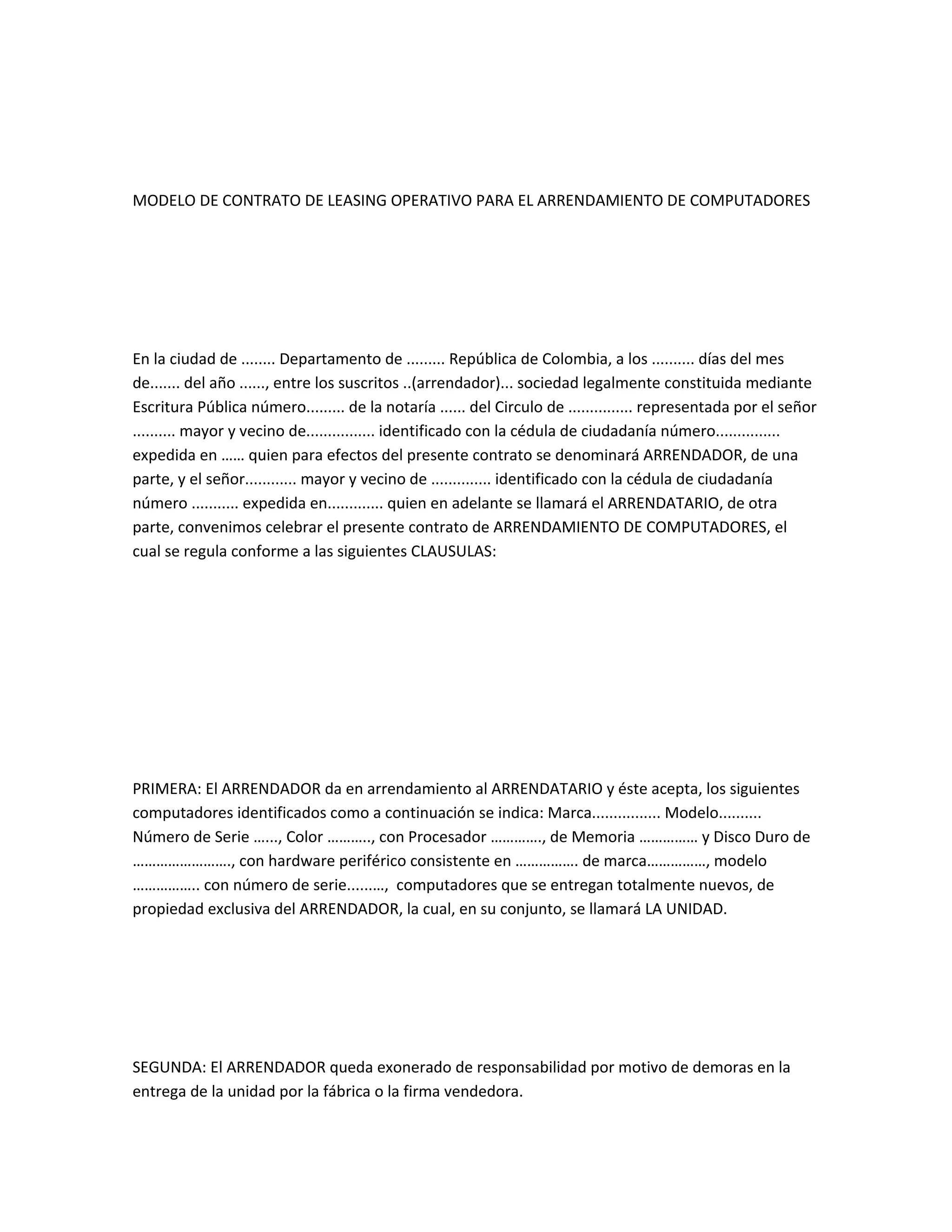 Modelo de contrato de leasing operativo para el arrendamiento de ...