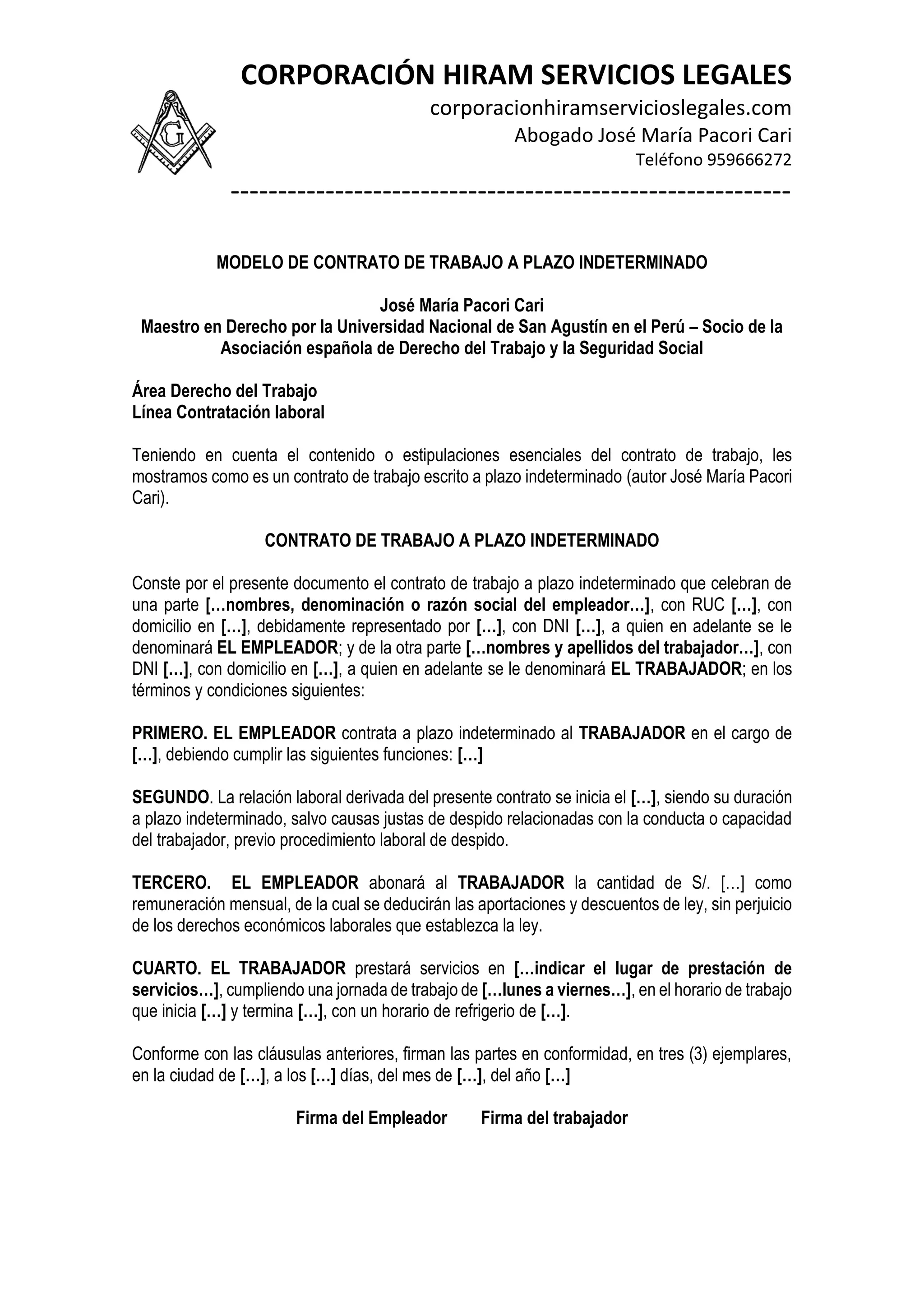 MODELO DE CONTRATO DE TRABAJO A PLAZO INDETERMINADO - AUTOR JOSÉ MARÍA ...