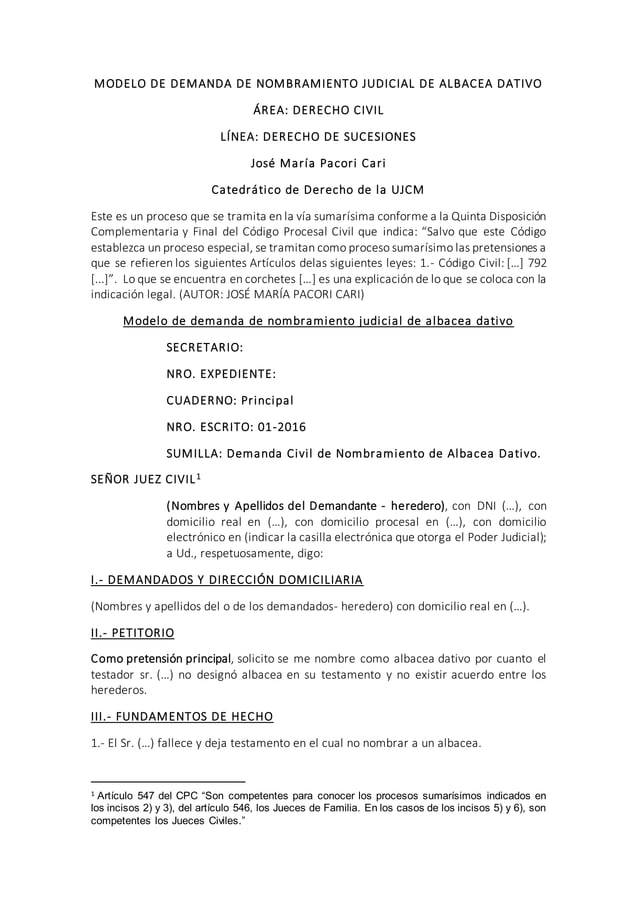Modelo De Demanda De Nombramiento Judicial De Albacea Dativo Pdf