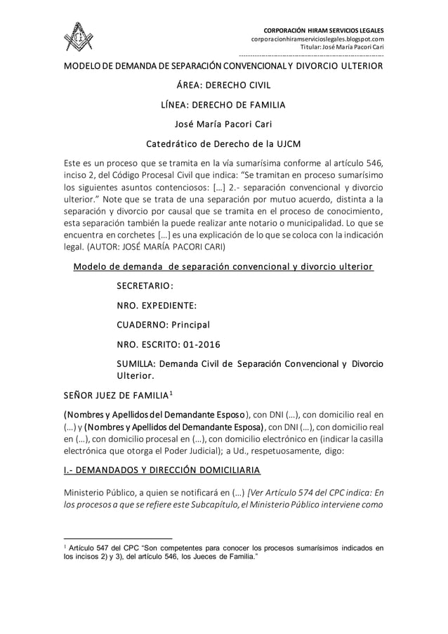 Modelo De Demanda De Separación Convencional Y Divorcio Ulterior Pdf