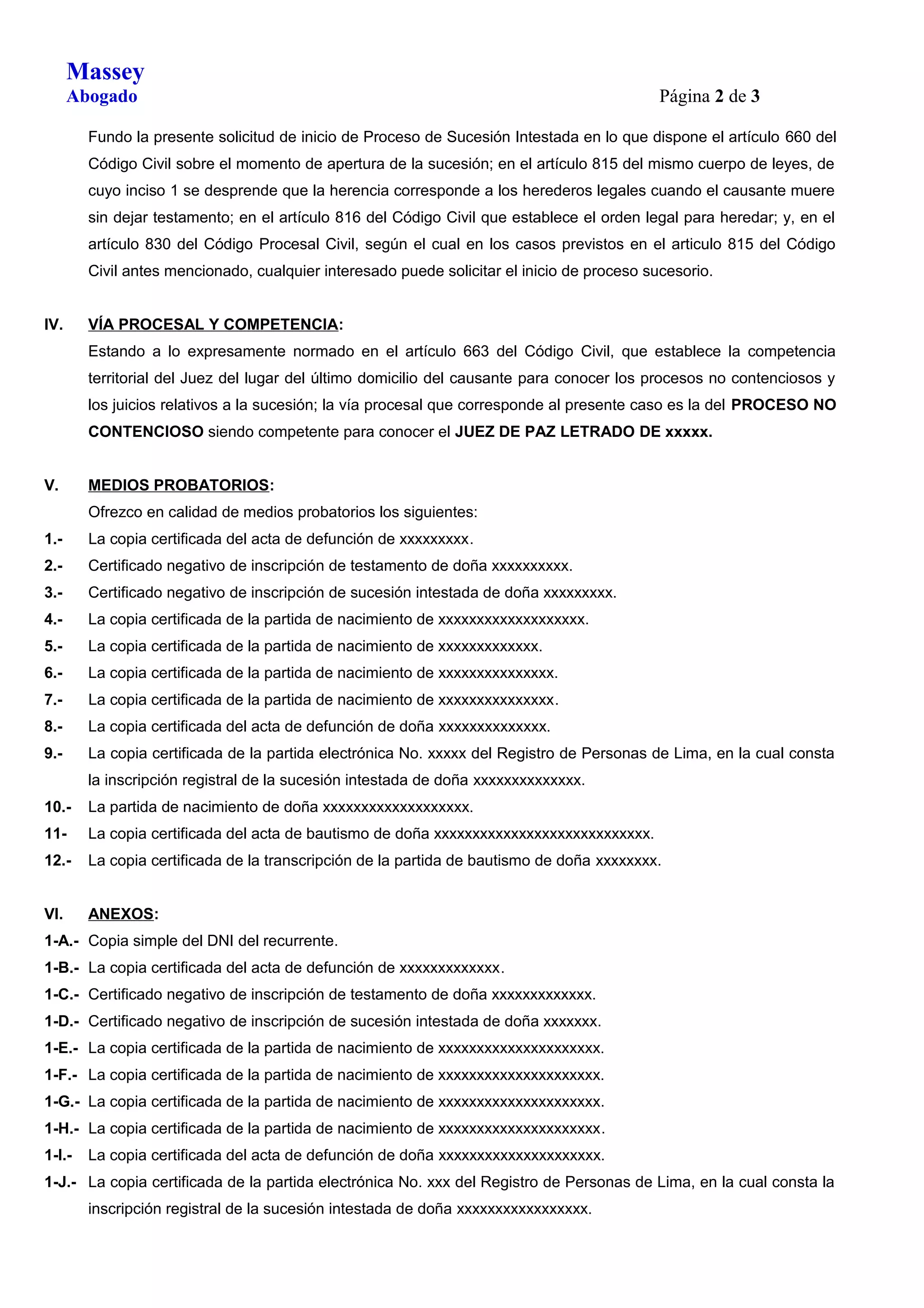 MODELO DE DEMANDA DE SUCESIÓN INTESTADA- PROCESO NO CONTENCIOSO | DOC