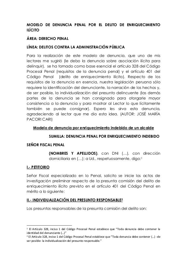 Modelo De Denuncia Penal Por El Delito De Enriquecimiento Ilícito