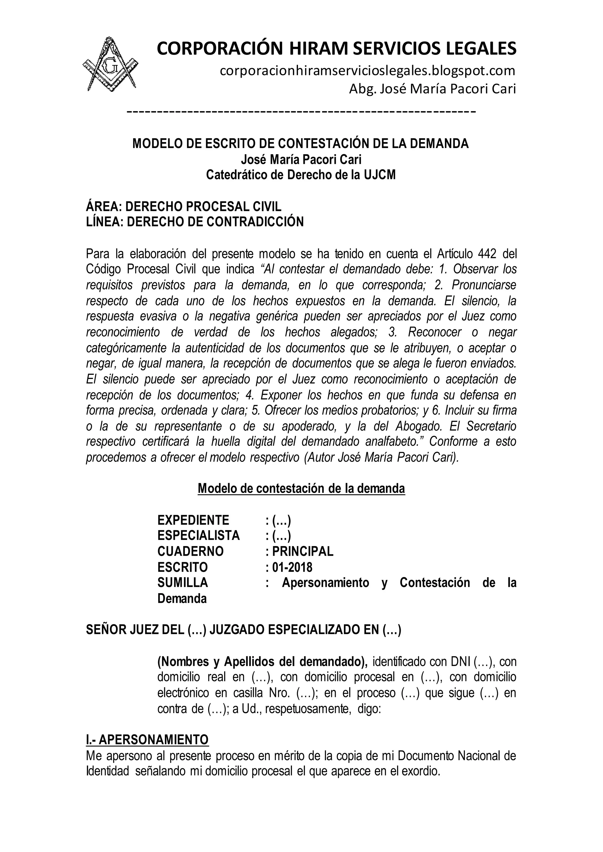 Modelo de escrito de contestación de la demanda autor josé maría pacori ...