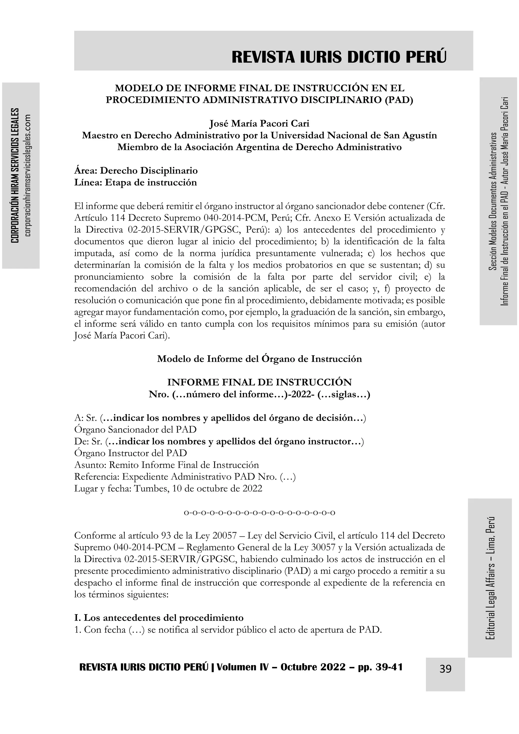 MODELO DE INFORME FINAL DE INSTRUCCIÓN EN EL PAD - AUTOR JOSÉ MARÍA ...