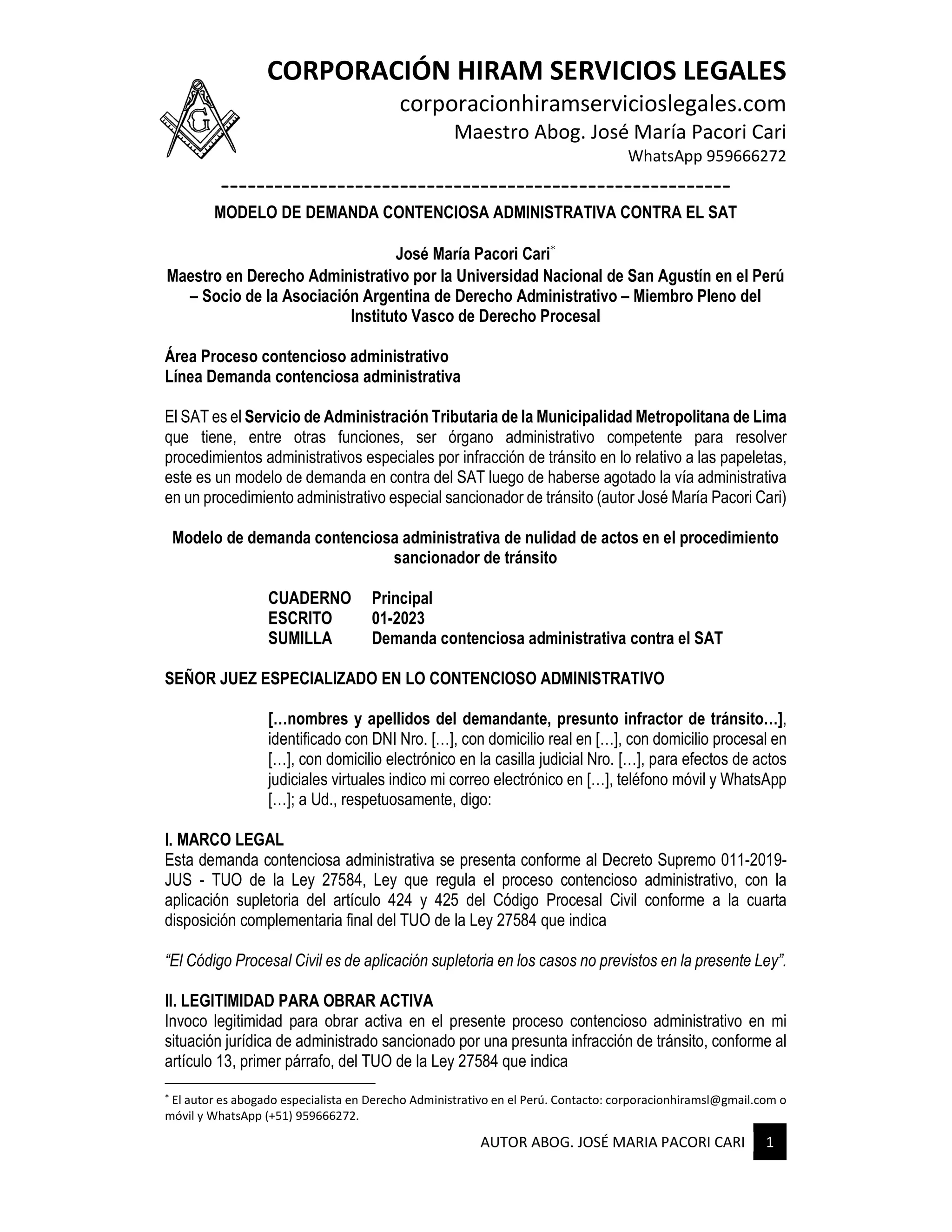 MODELO DEMANDA CONTENCIOSA ADMINISTRATIVA CONTRA EL SAT - AUTOR JOSÉ ...