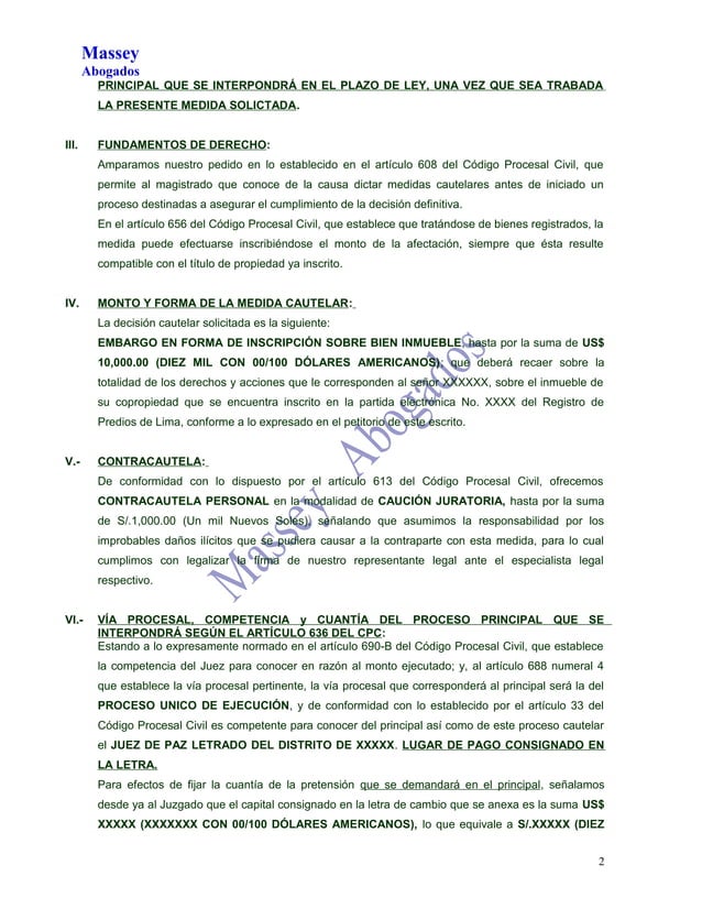 Modelo De Medida Cautelar De Embargo En Forma De Inscripcion Fuera De