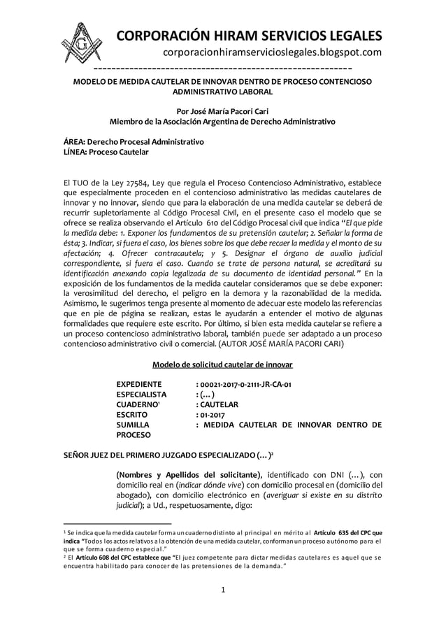 Modelo de medida cautelar de innovar dentro de proceso contencioso administrativo laboral autor ...