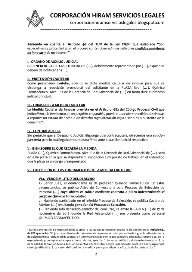 Modelo de medida cautelar de innovar dentro de proceso contencioso administrativo laboral autor ...