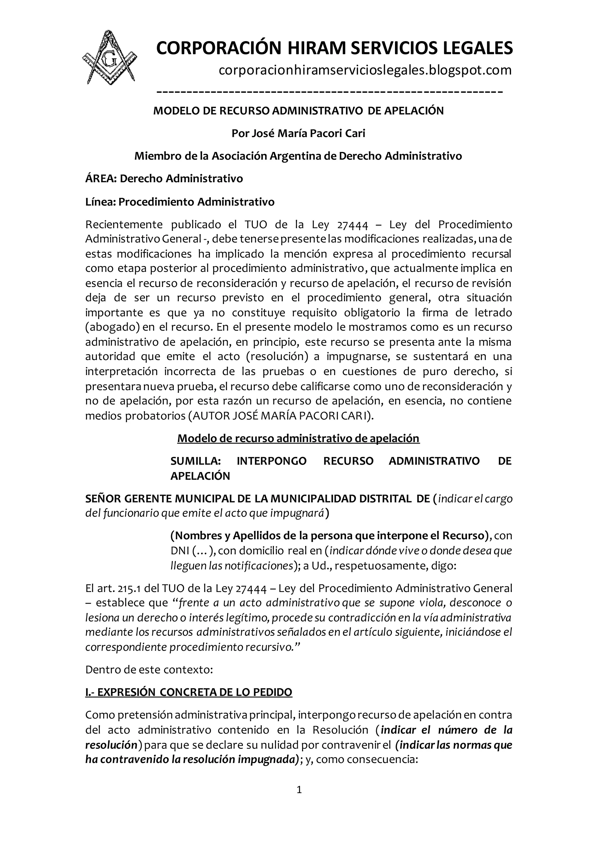 Modelo de recurso administrativo de apelación autor josé maría pacori ...
