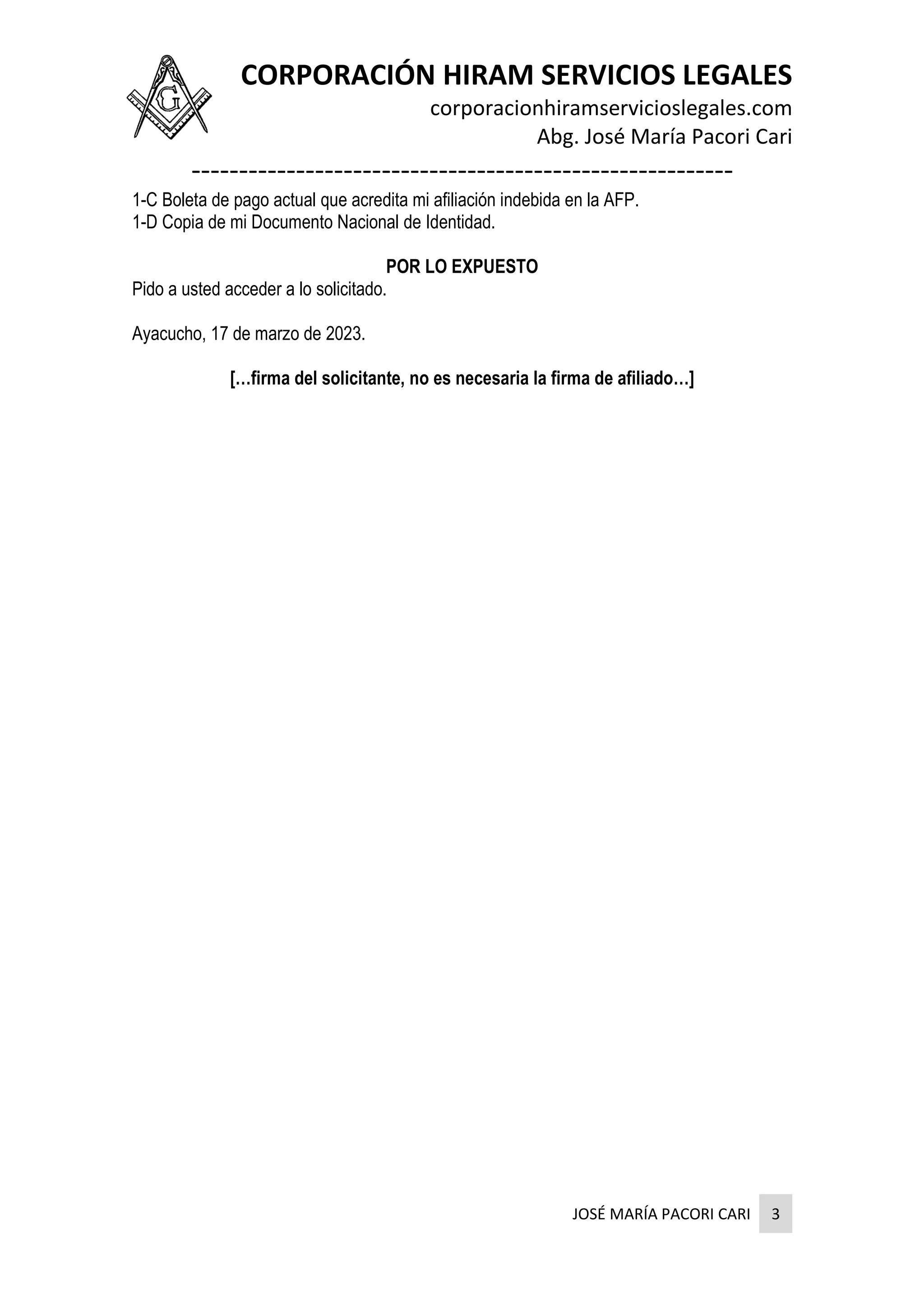 MODELO DE SOLICITUD DE DESAFILIACIÓN A LA AFP - AUTOR JOSÉ MARÍA PACORI ...