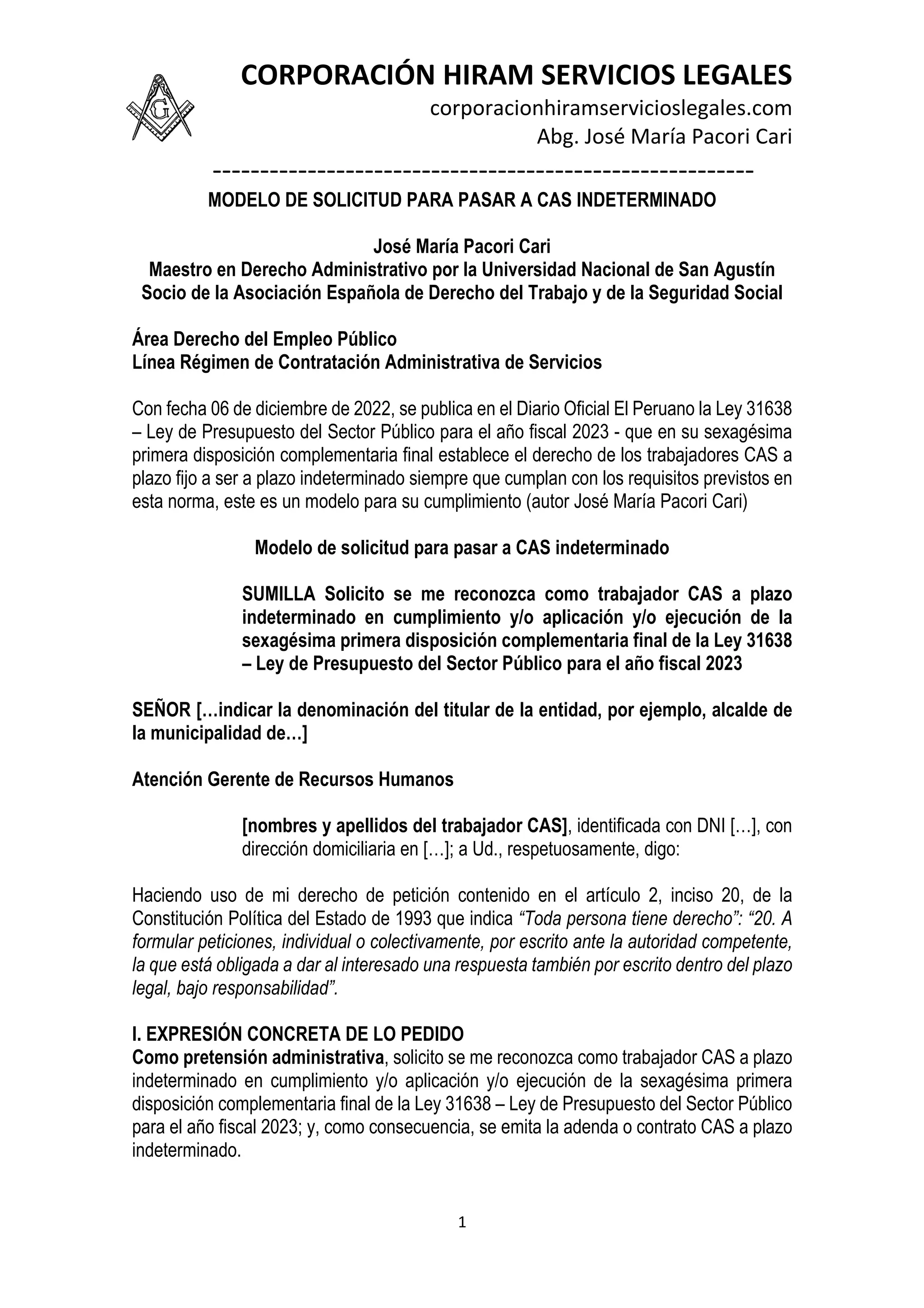 MODELO DE SOLICITUD PARA PASAR A CAS INDETERMINADO - AUTOR JOSÉ MARÍA ...
