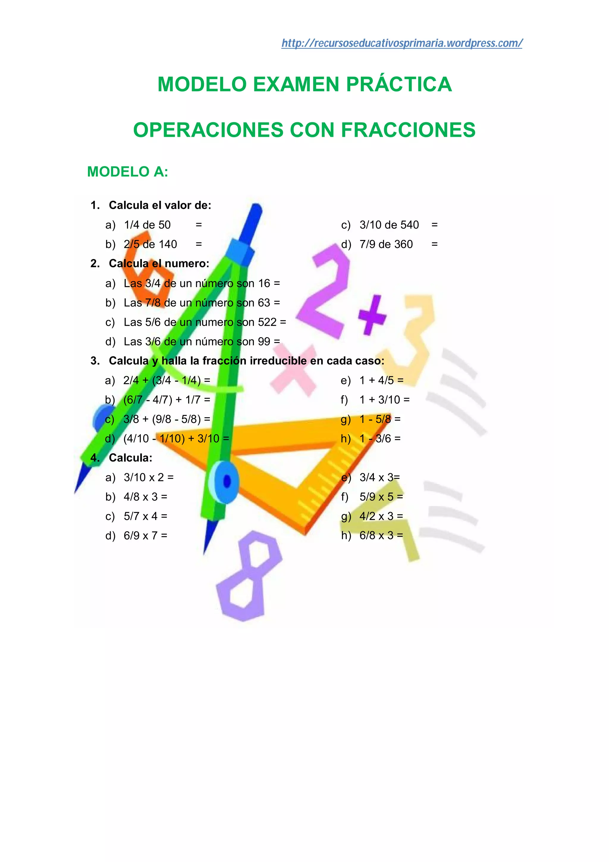 Modelo examen practico. operaciones con fracciones | PDF