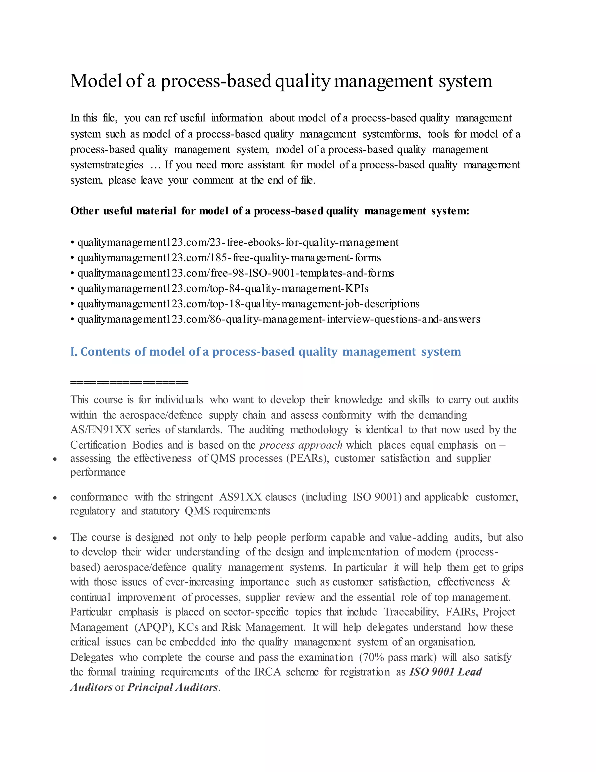 Model of a process based quality management system | DOCX