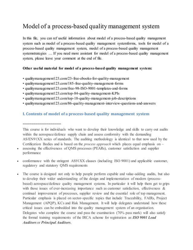 Model of a process based quality management system | DOCX | Business ...