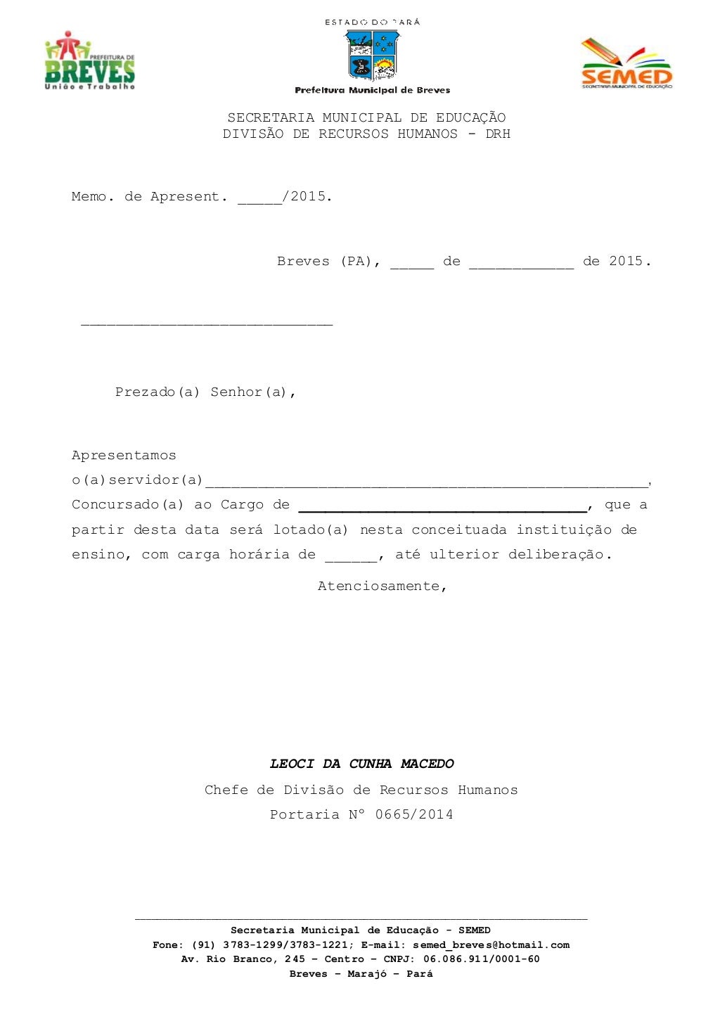 Modelo memorando apresentação