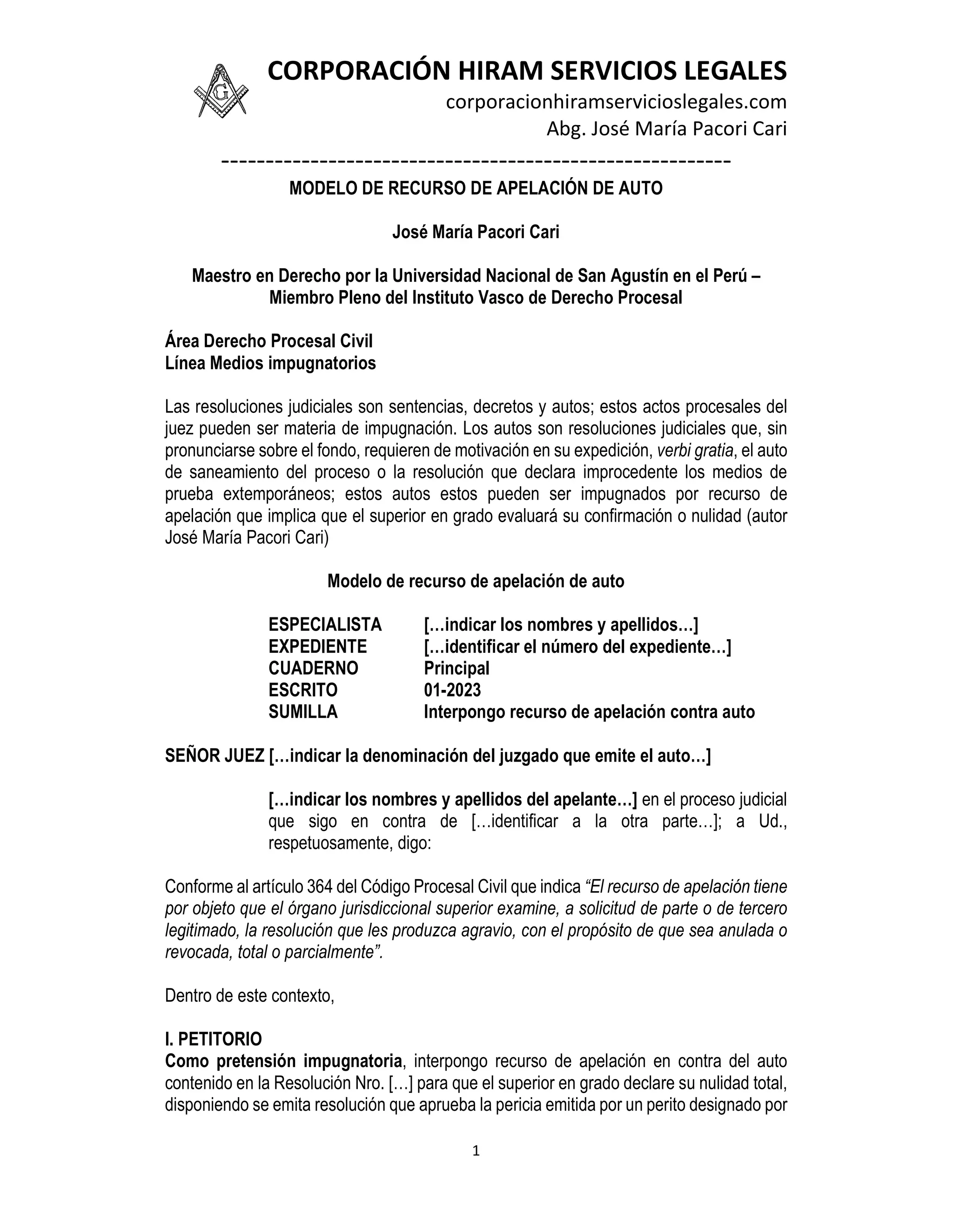 MODELO RECURSO DE APELACIÓN DE AUTO - AUTOR JOSÉ MARÍA PACORI CARI.pdf