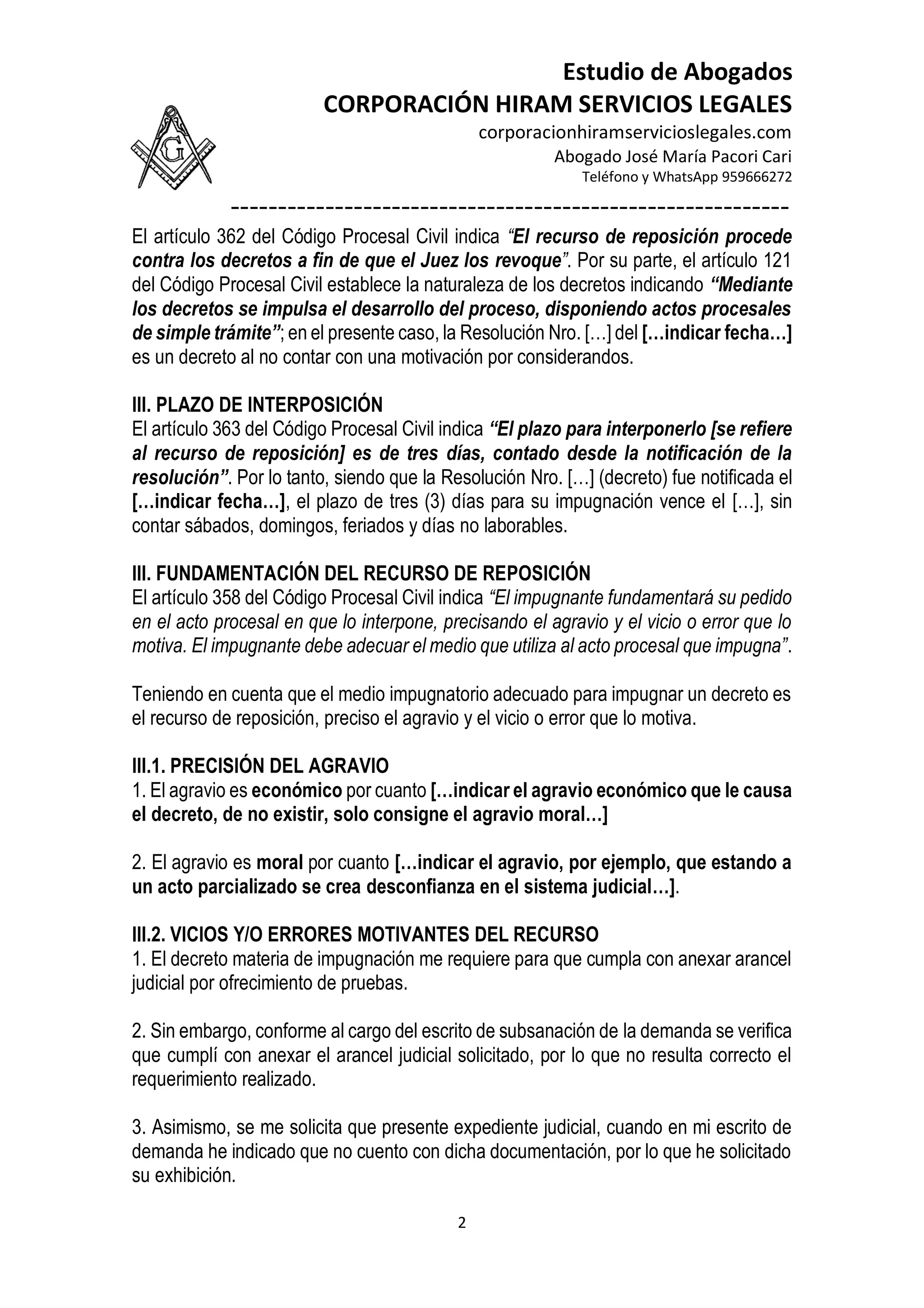 MODELO DE RECURSO DE REPOSICIÓN EN PROCESO CIVIL – AUTOR JOSÉ MARÍA ...