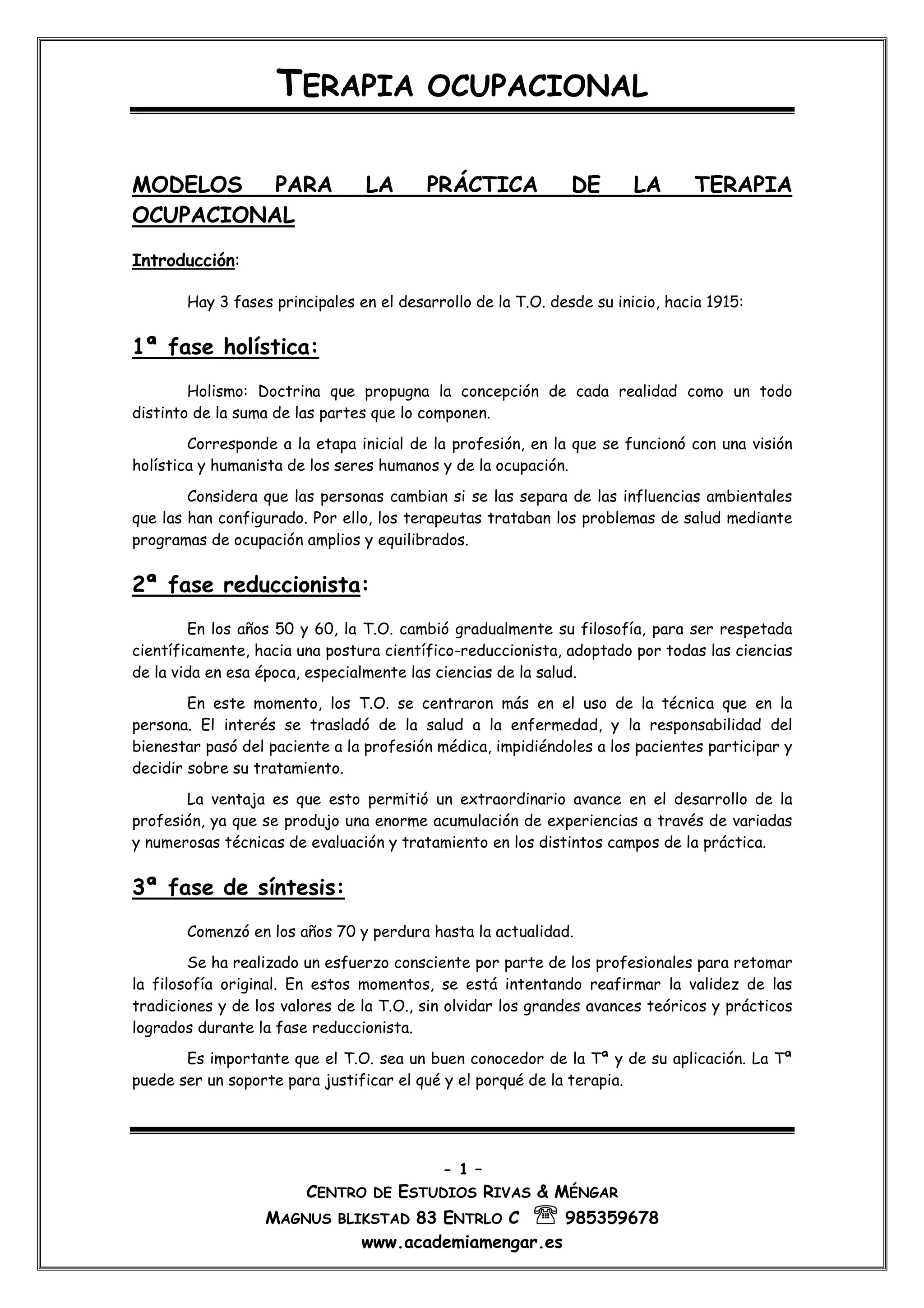 Modelos de terapia ocupacional | PDF