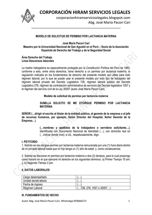 MODELO SOLICITUD DE PERMISO POR LACTANCIA MATERNA - AUTOR JOSÉ MARÍA ...
