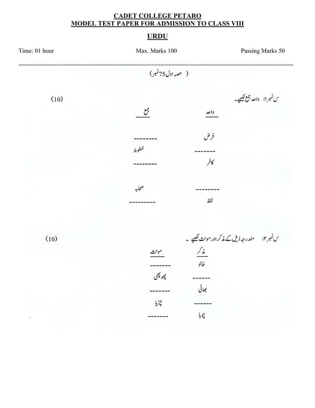 Model paper urdu | PDF