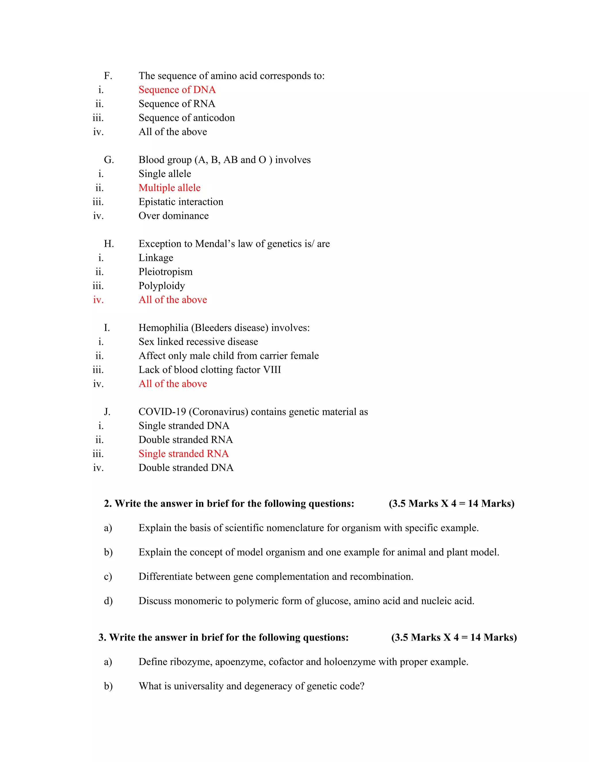 Model Question for Biology by Dr Santosh- SIT-Bihar.pdf | Genetics ...